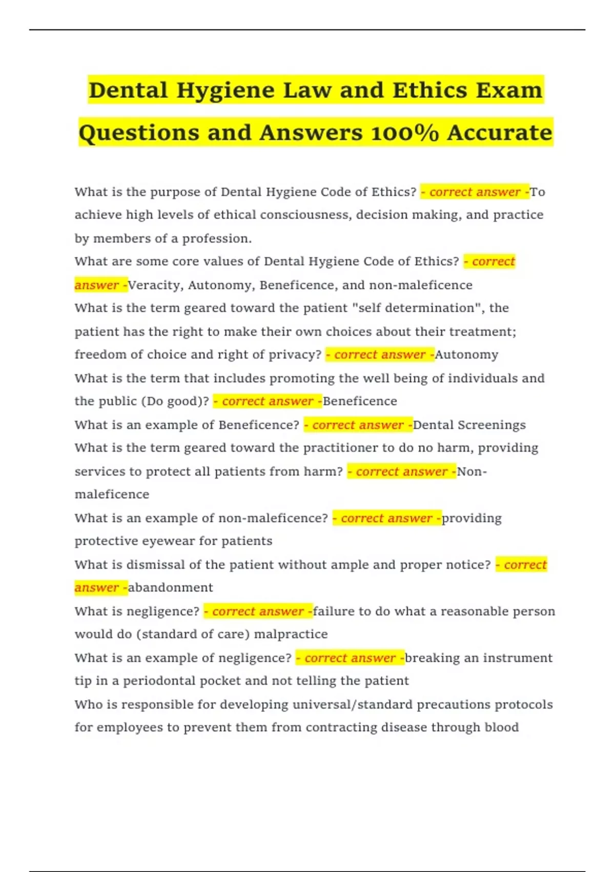 Dental Hygiene Law and Ethics Exam Questions and Answers 100% Accurate ...