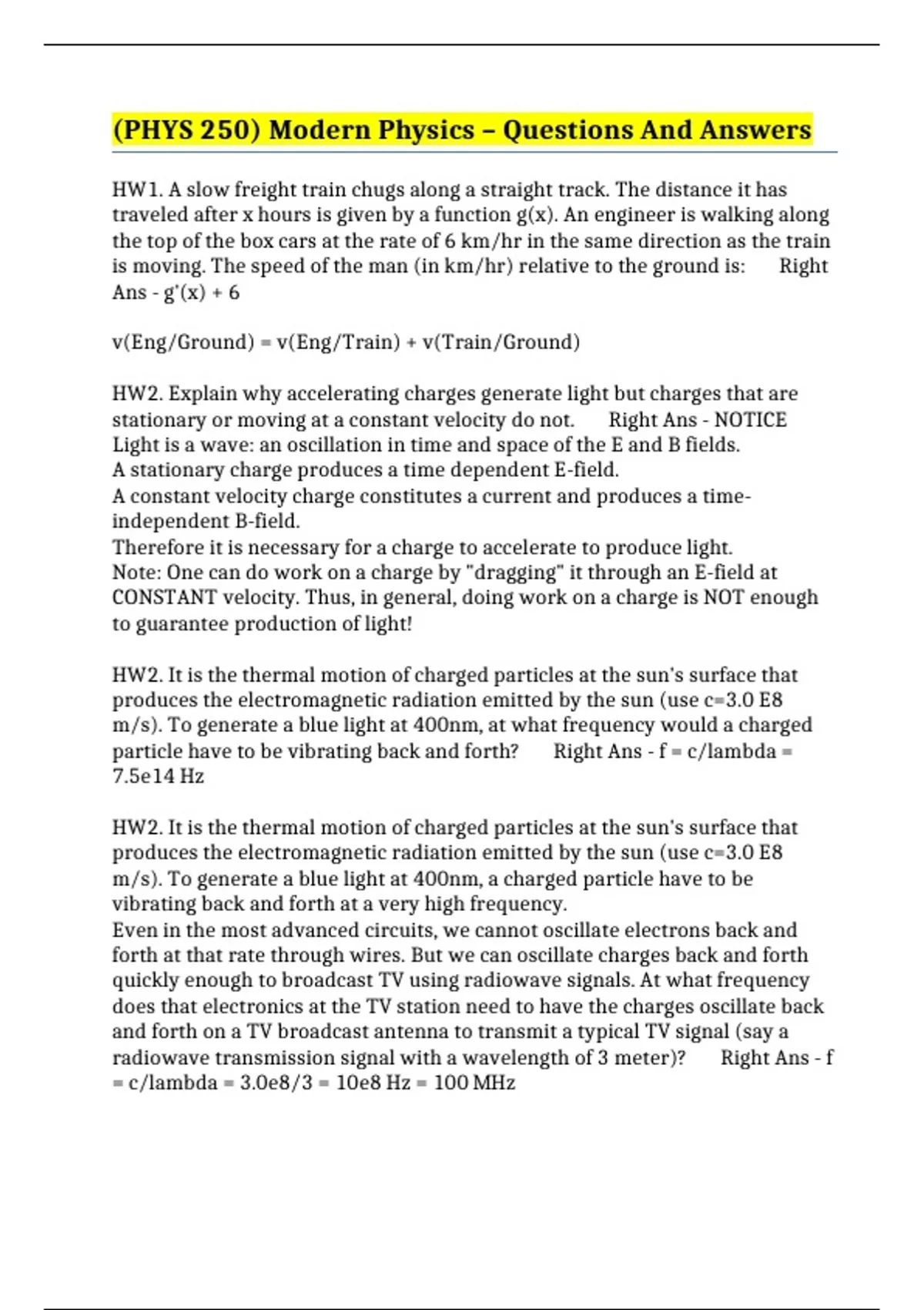 (PHYS 250) Modern Physics – Questions And Answers - PHYS 250 - Stuvia US