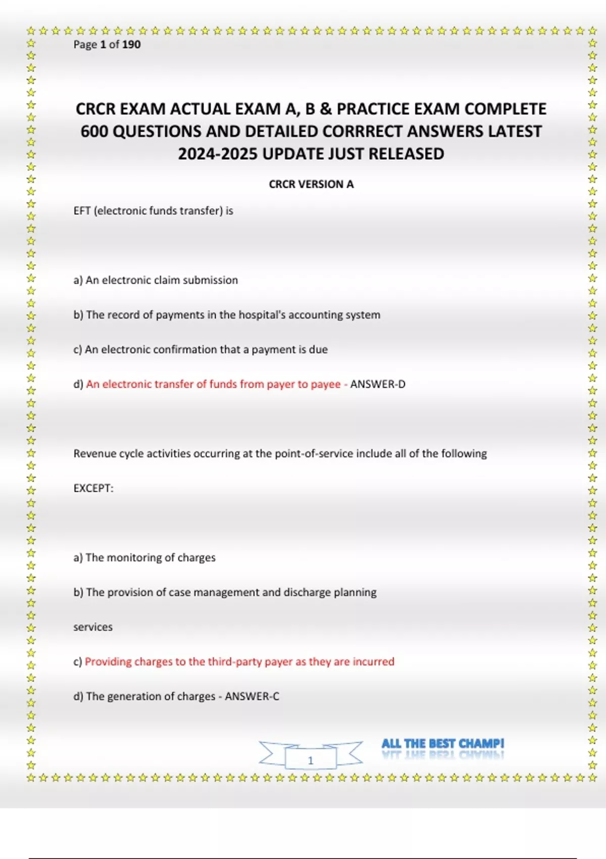 CRCR EXAM ACTUAL EXAM A, B & PRACTICE EXAM COMPLETE 600 QUESTIONS AND ...