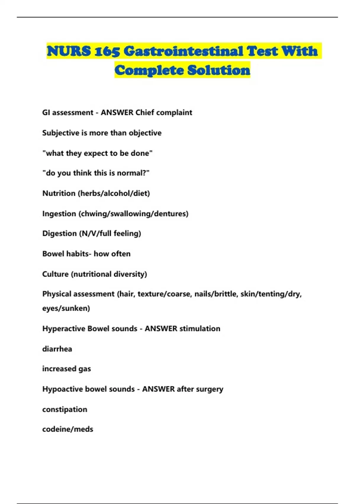 NURS 165 Gastrointestinal Test With Complete Solution - NURS 165 ...