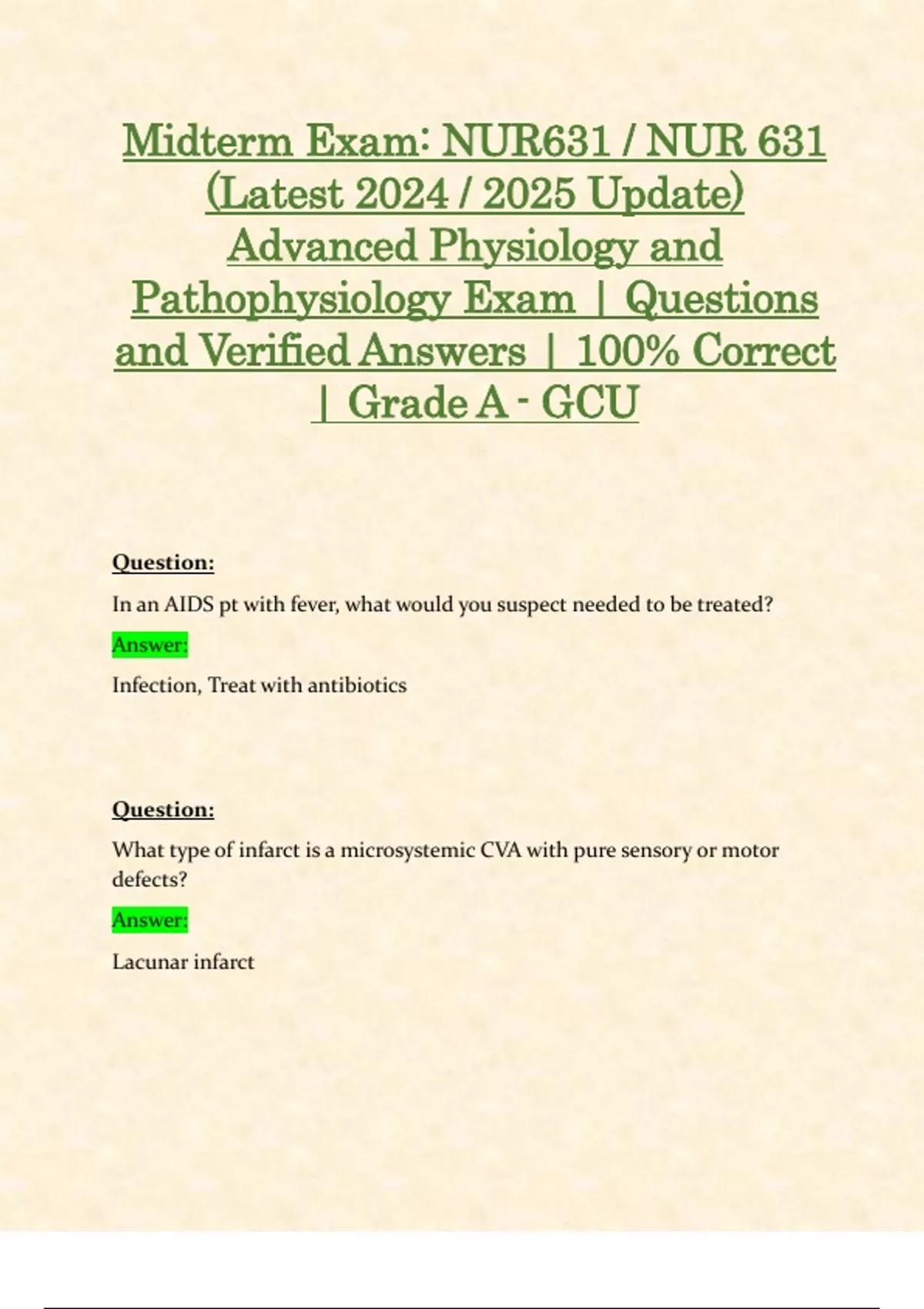 Midterm Exam: NUR631 / NUR 631 (Latest 2024 / 2025 Update) Advanced ...