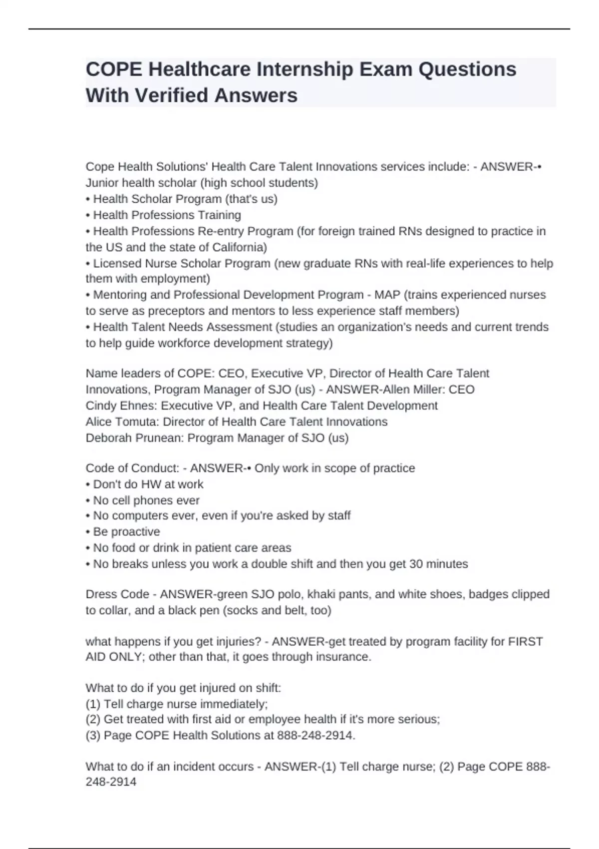 COPE Healthcare Internship Exam Questions With Verified Answers - COPE ...
