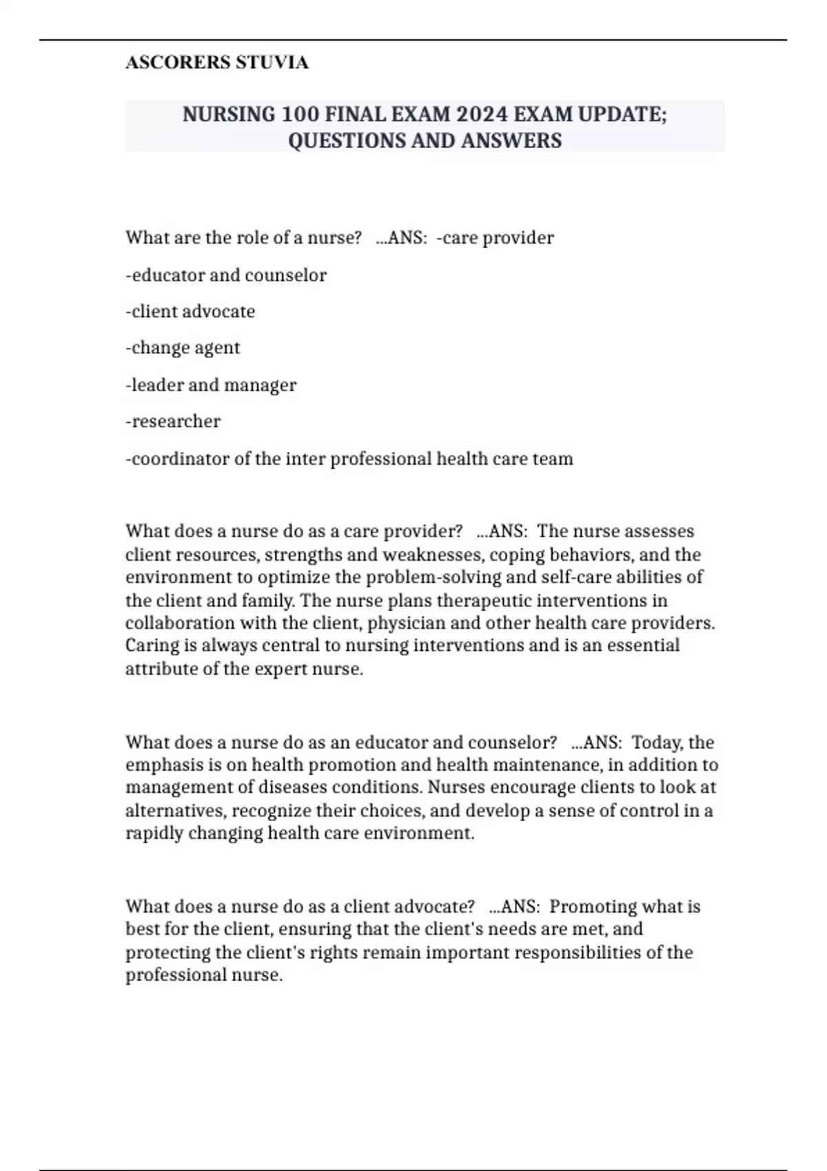 NURSING 100 FINAL EXAM 2024/25 UPDATE WITH CORRECT ANSWERS - Nurse ...