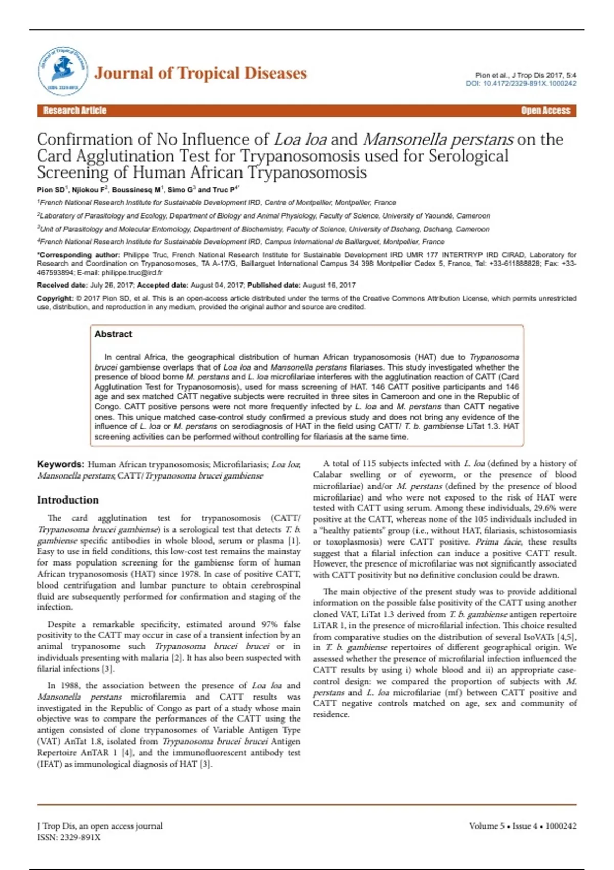Confirmation of No Influence of Loa loa and Mansonella perstans on the ...