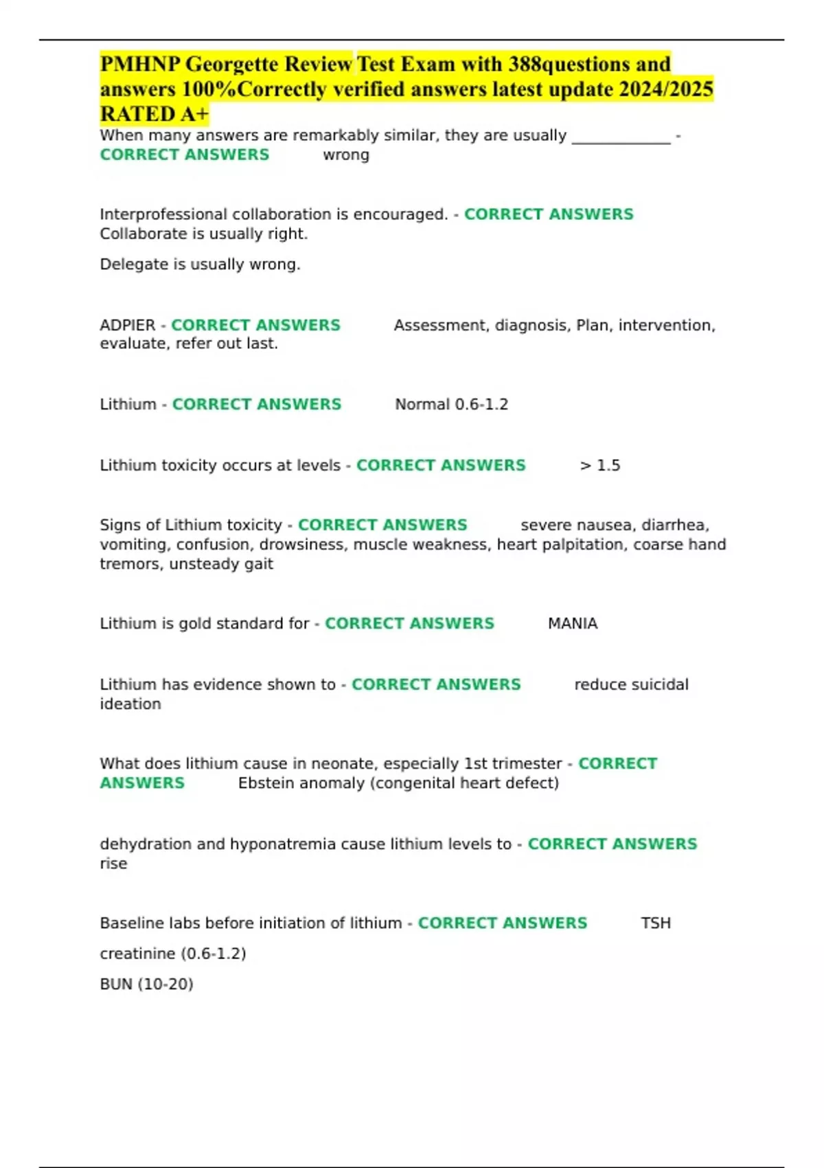 PMHNP Georgette Review Test Exam with 388questions and answers 100 ...