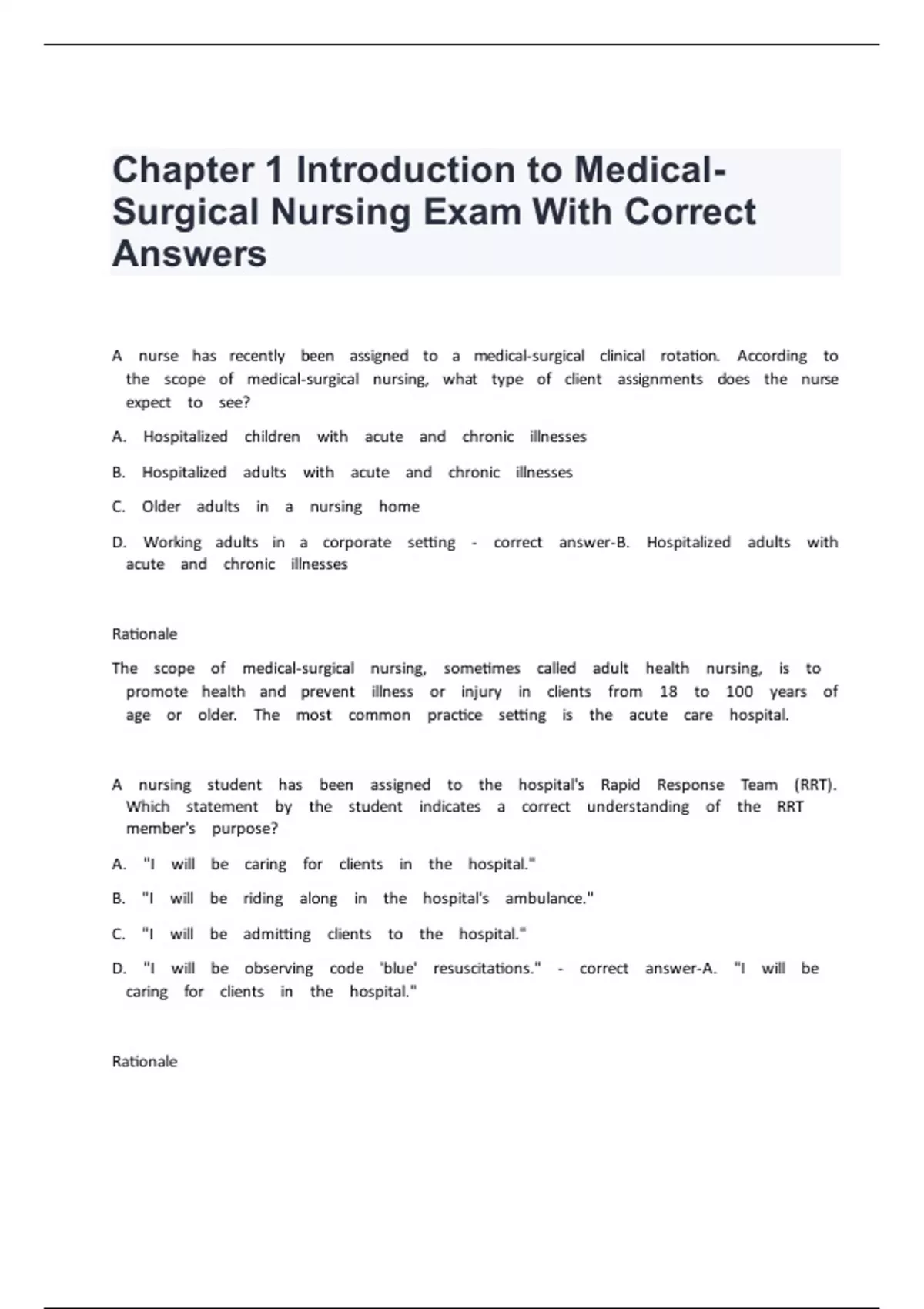Chapter 1 Introduction to Medical-Surgical Nursing Exam With Correct ...