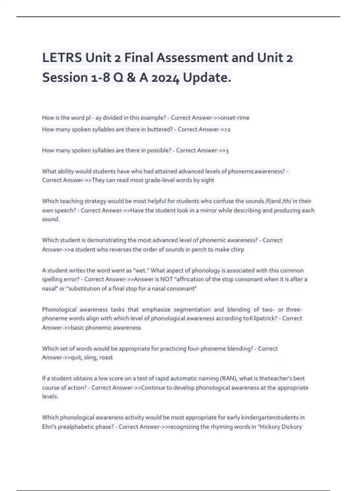 LETRS Unit 2 Final Assessment and Unit 2 Session 1-8 Q & A 2024 Update ...