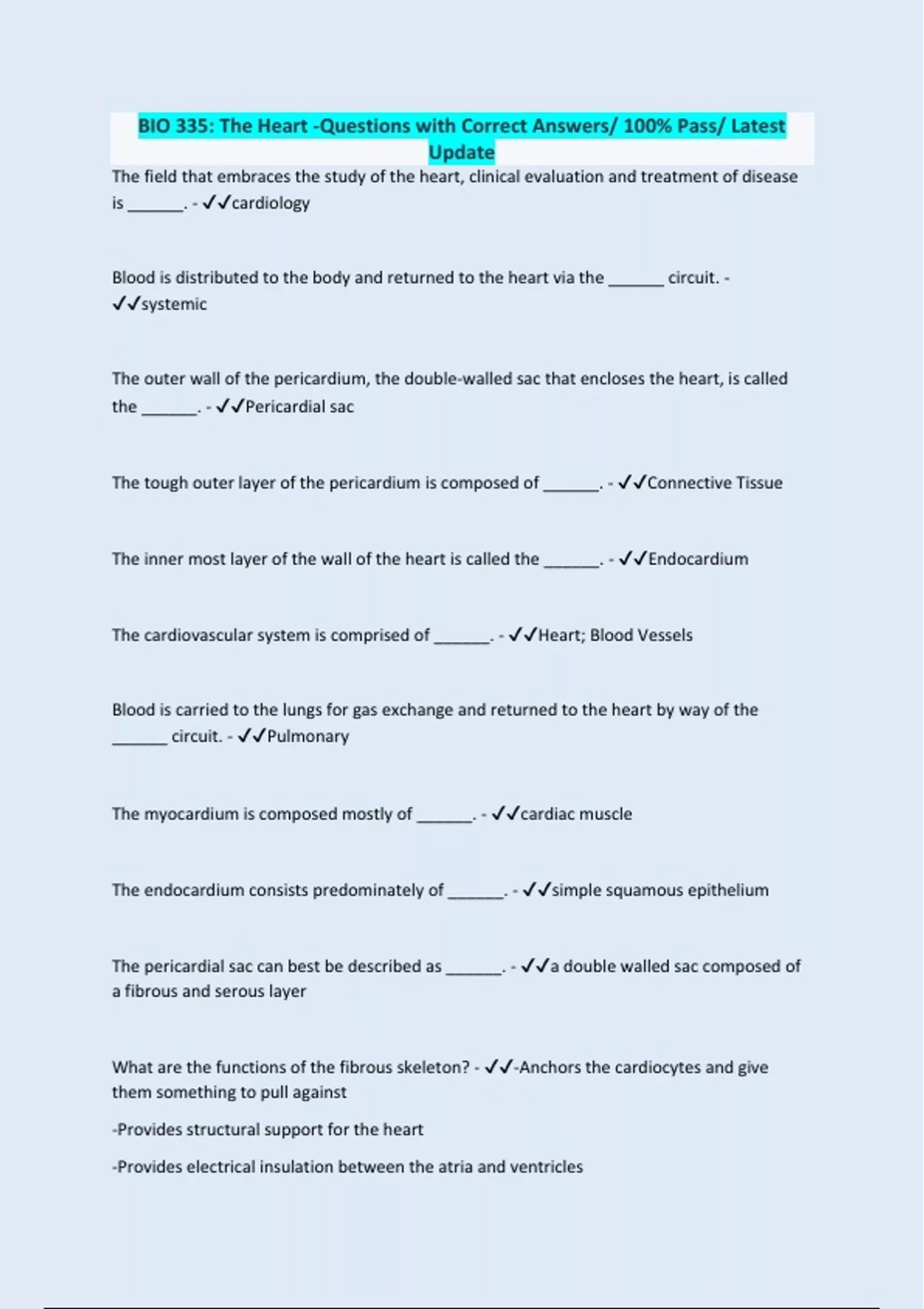 BIO 335: The Heart -Questions with Correct Answers/ 100% Pass/ Latest ...