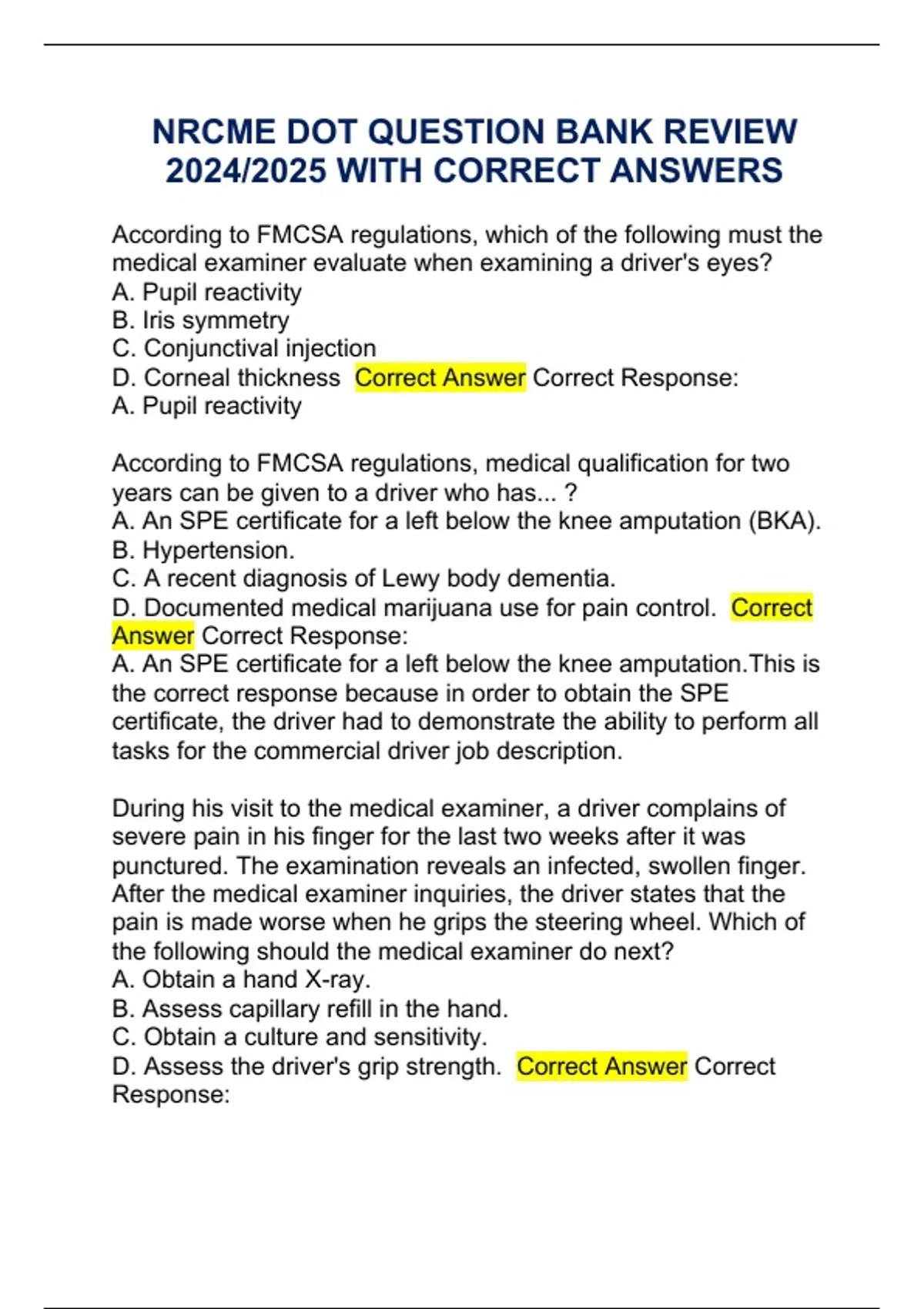NRCME DOT QUESTION BANK REVIEW 2024/2025 WITH CORRECT ANSWERS - NRCME ...