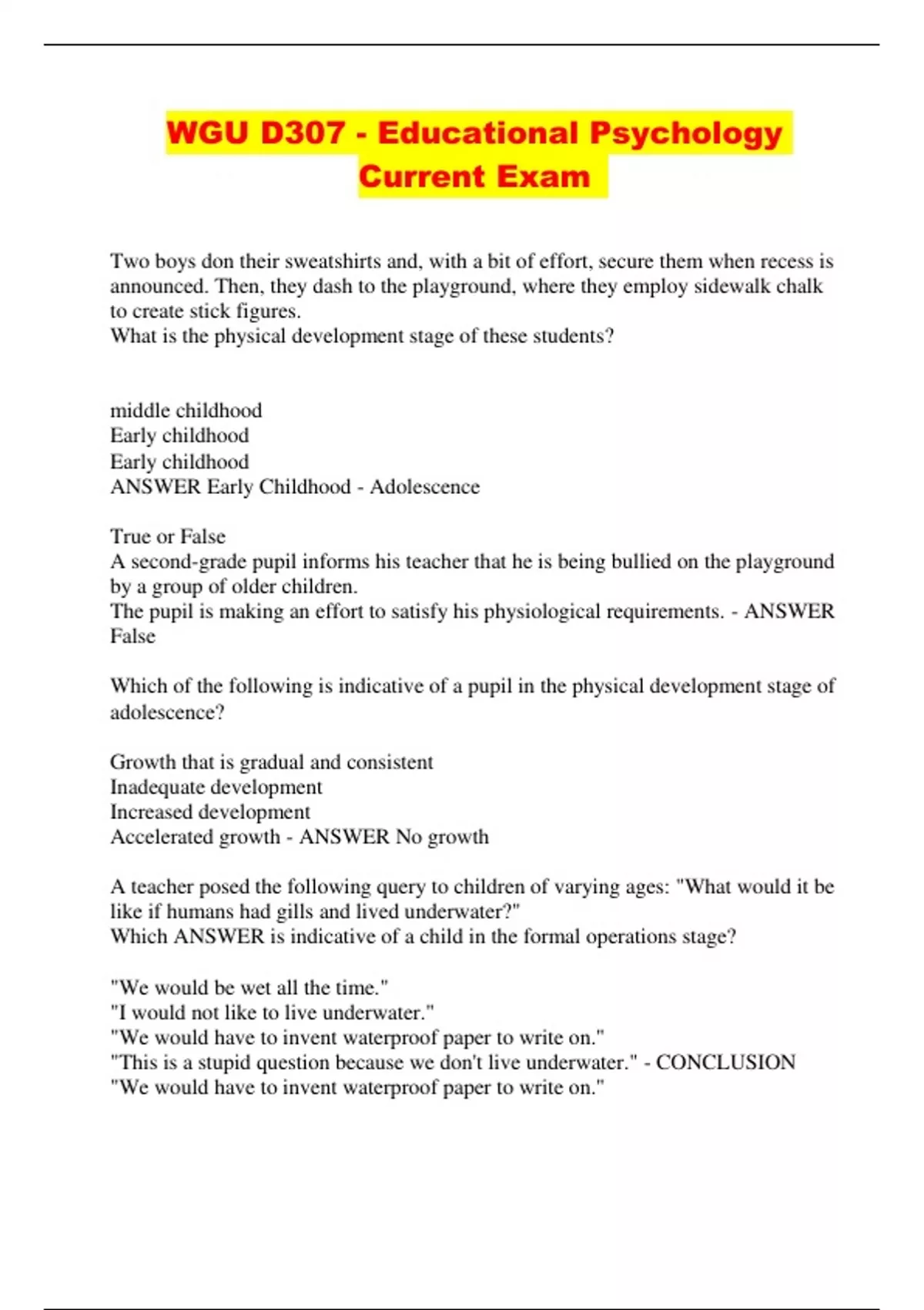 WGU D307 - Educational Psychology Current Exam - WGU D307 - Educational ...