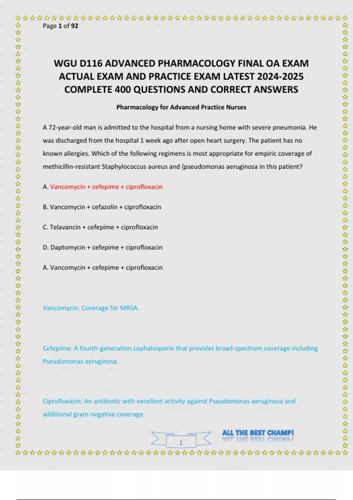 WGU D116 ADVANCED PHARMACOLOGY FINAL EXAM OBJECTIVE ASSEMENT & PRE-ASSESMENT 700 QUESTIONS AND ...