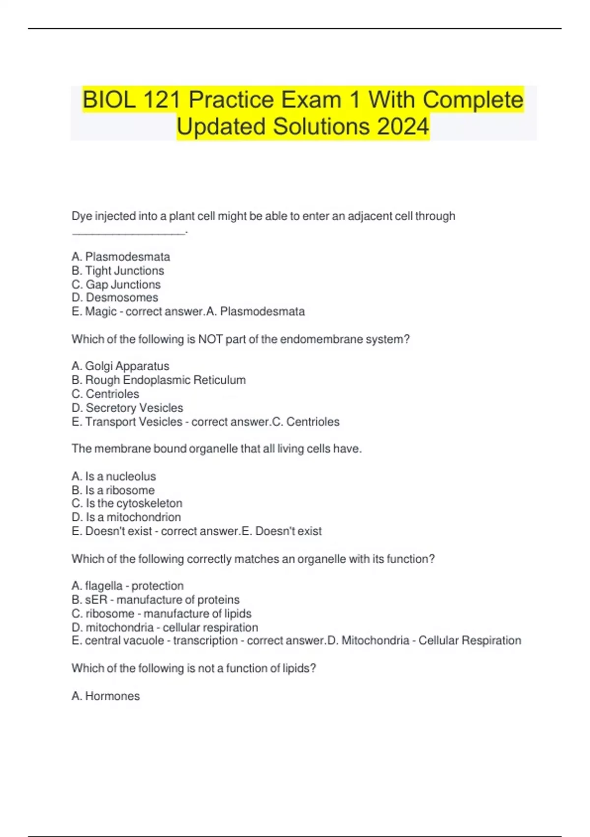 BIOL 121 Practice Exam 1 With Complete Updated Solutions 2024 - BIOL ...