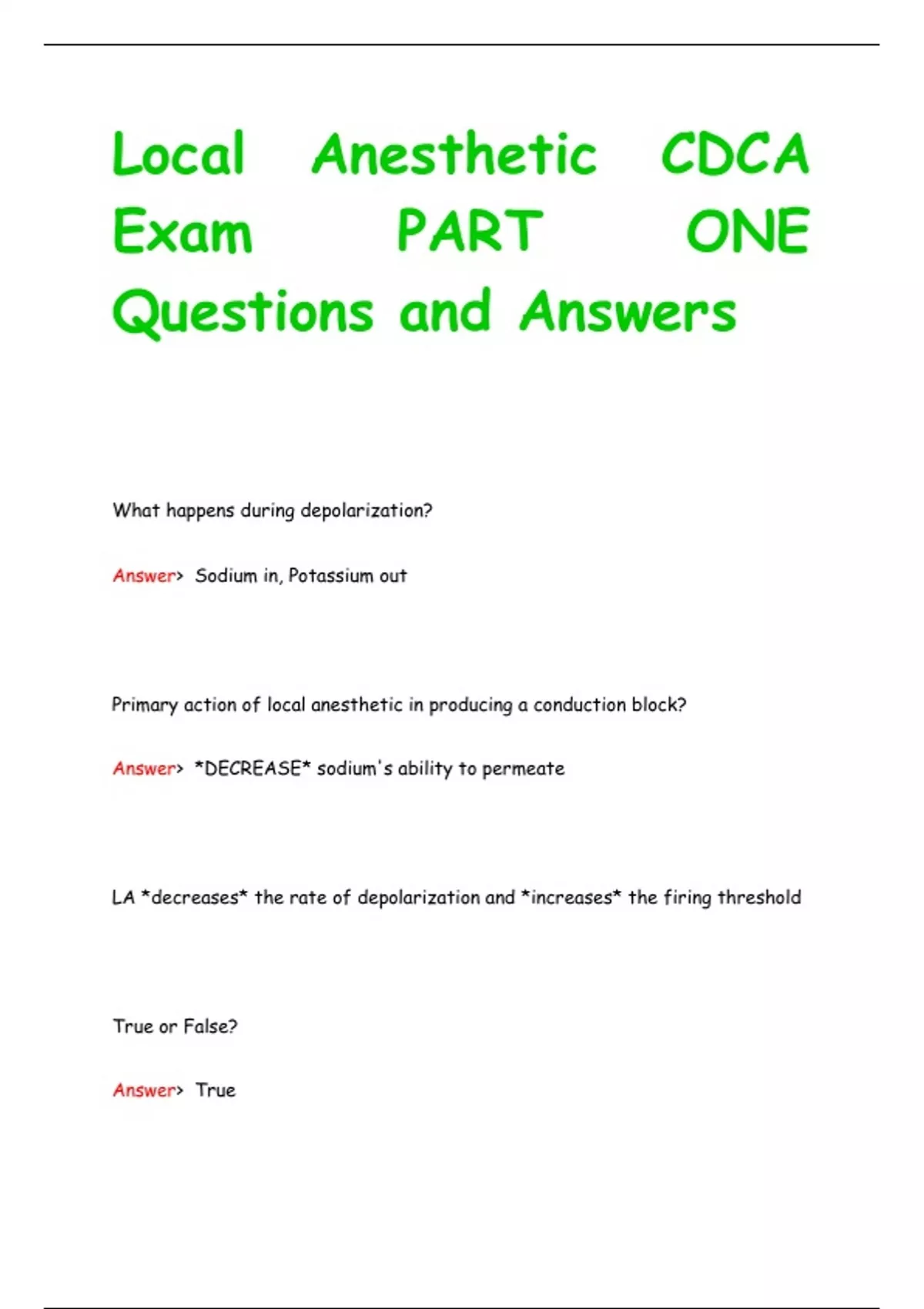 Local Anesthetic CDCA Exam PART ONE Questions and Answers - Local ...