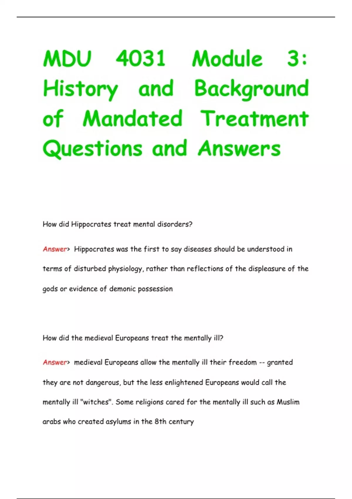 MDU 4031 Module 3: History and Background of Mandated Treatment Questions and Answers - MDU 4031 ...