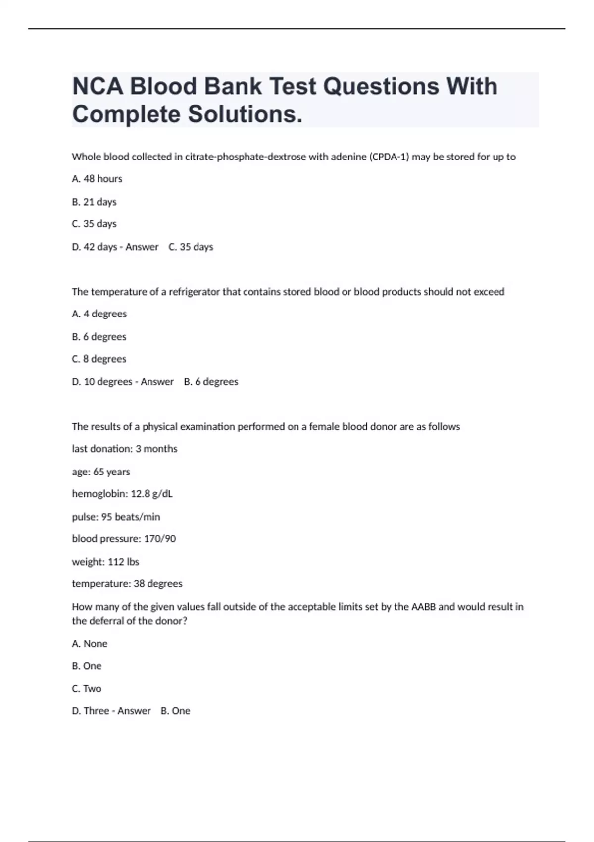 NCA Blood Bank Test Questions With Complete Solutions. - Blood bank ...