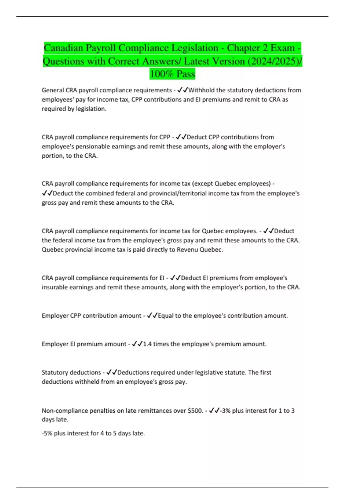 Canadian Payroll EXAMS BUNDLE-Questions with Correct Answers/ Latest ...