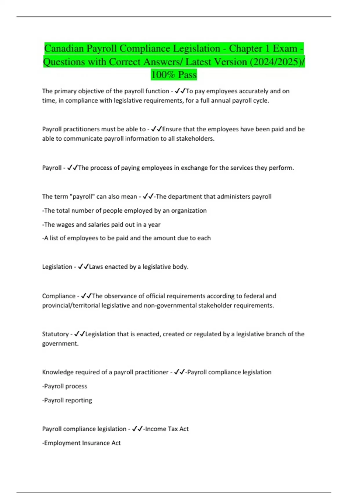 Canadian Payroll Compliance Legislation - Chapter 1 Exam - Questions ...