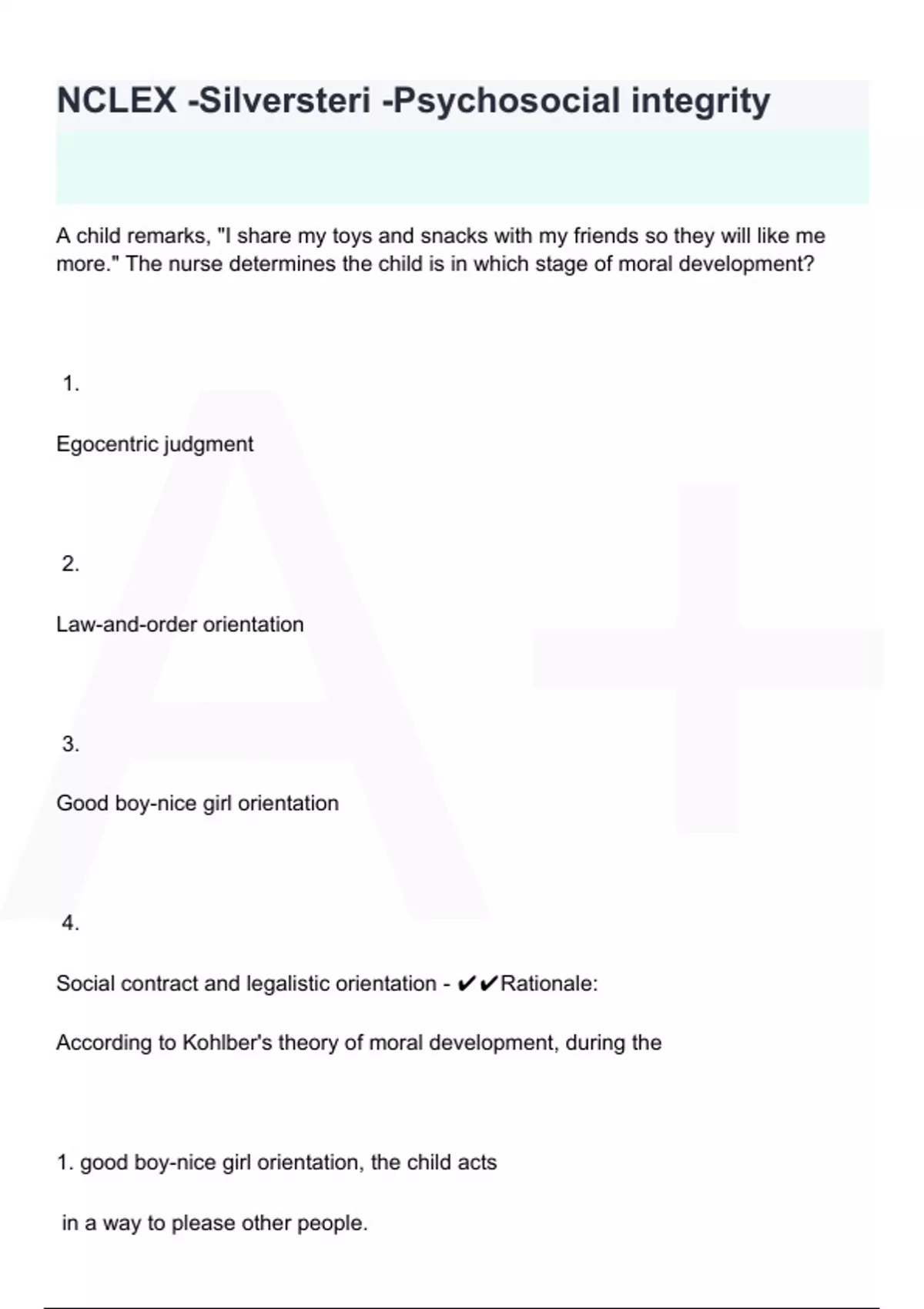 NCLEX -Silversteri -Psychosocial integrity Questions With 100% Correct ...