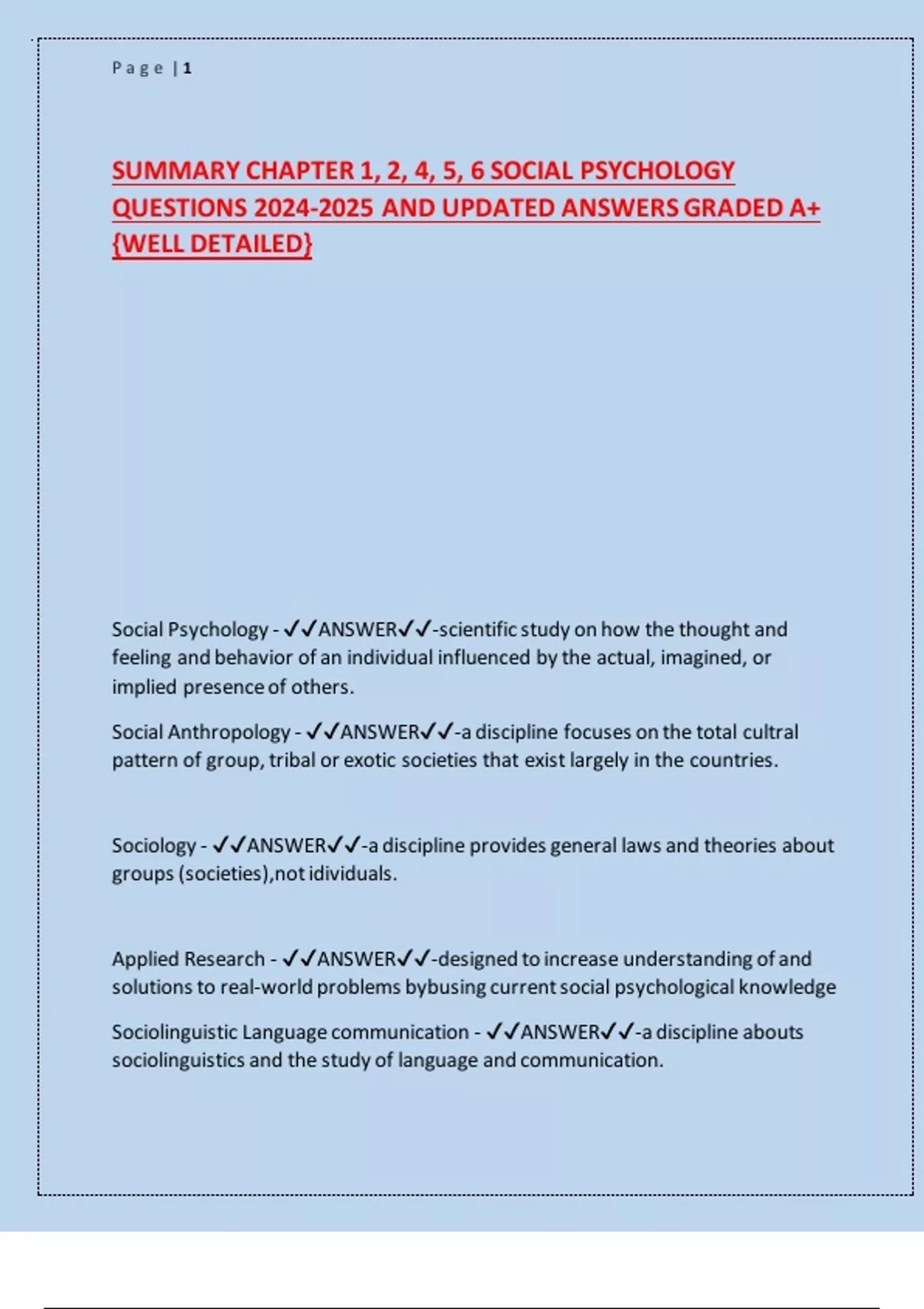 SUMMARY CHAPTER 1, 2, 4, 5, 6 SOCIAL PSYCHOLOGY QUESTIONS AND UPDATED ...