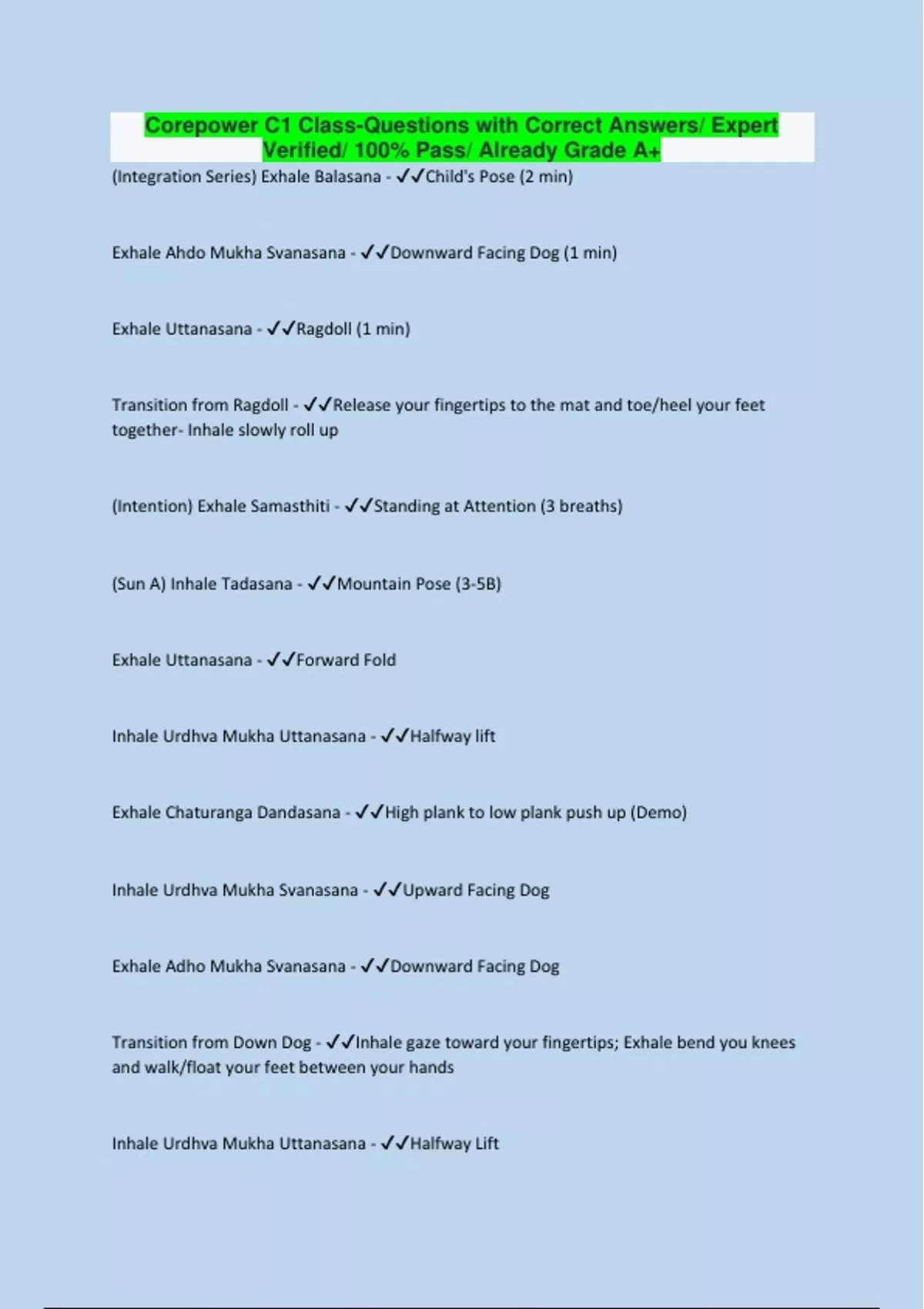 Corepower C1 Class-Questions with Correct Answers/ Expert Verified/ 100 ...