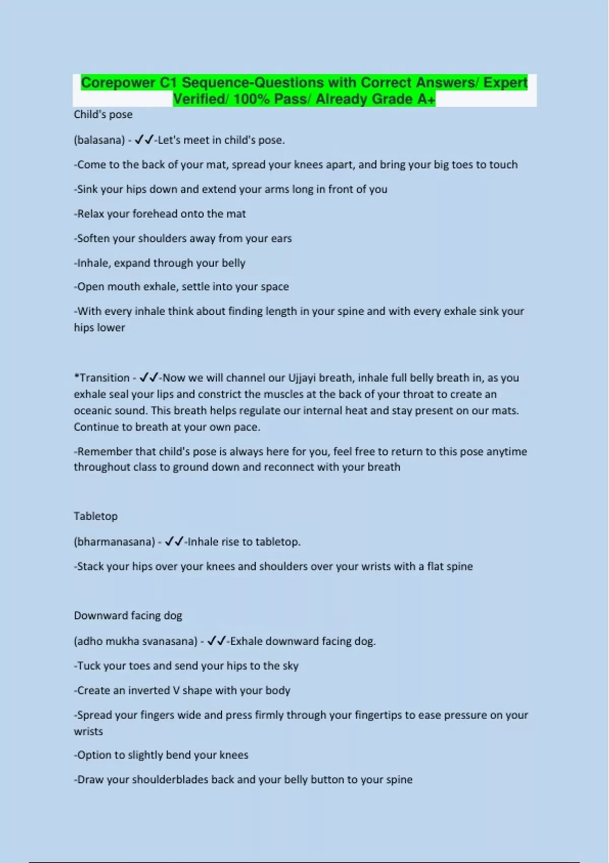 Corepower C1 Sequence-Questions with Correct Answers/ Expert Verified ...