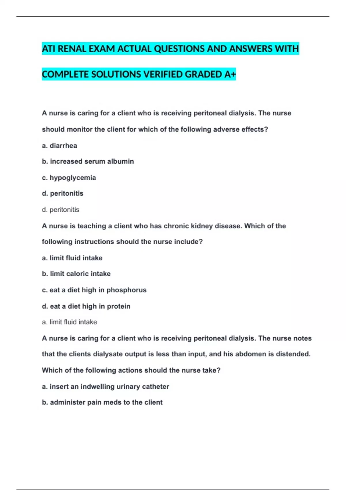 ATI RENAL EXAM ACTUAL QUESTIONS AND ANSWERS WITH COMPLETE SOLUTIONS ...