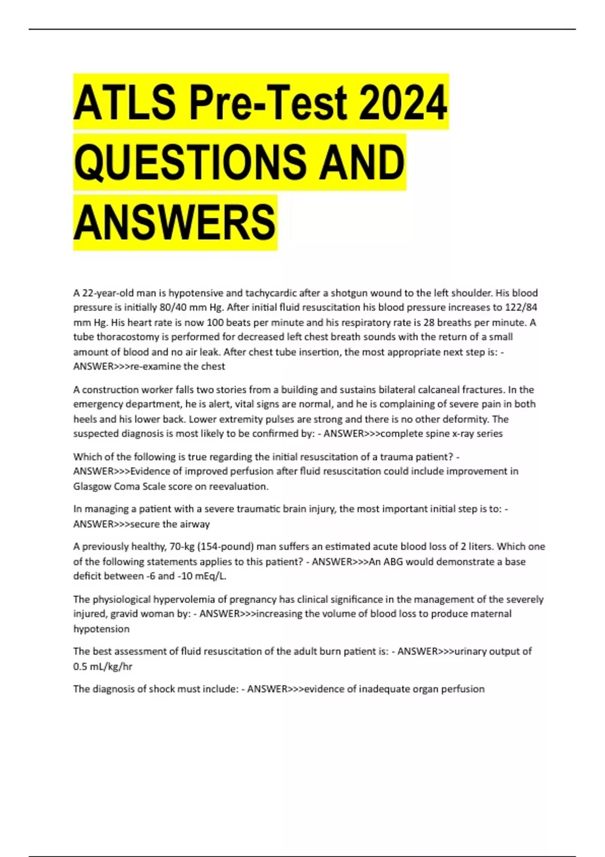 ATLS Pre-Test 2024 QUESTIONS AND ANSWERS - ATLS Pre-Test - Stuvia US