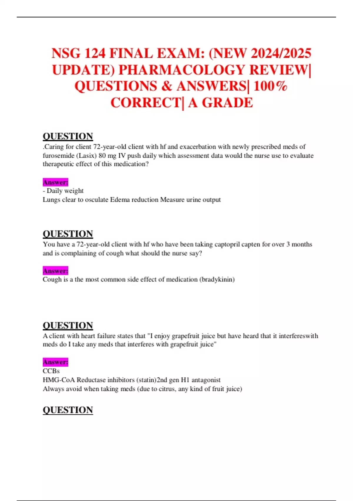 NSG 124 FINAL EXAM (NEW 2024/2025 UPDATE) PHARMACOLOGY REVIEW QUESTIONS & ANSWERS 100% CORRECT A ...