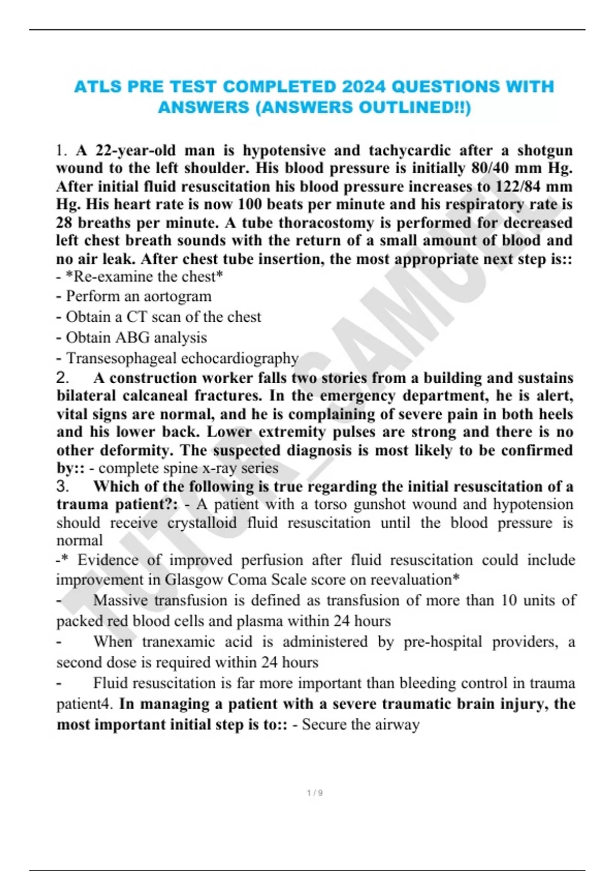 ATLS PRE TEST COMPLETED 2024 QUESTIONS WITH ANSWERS (ANSWERS OUTLINED ...
