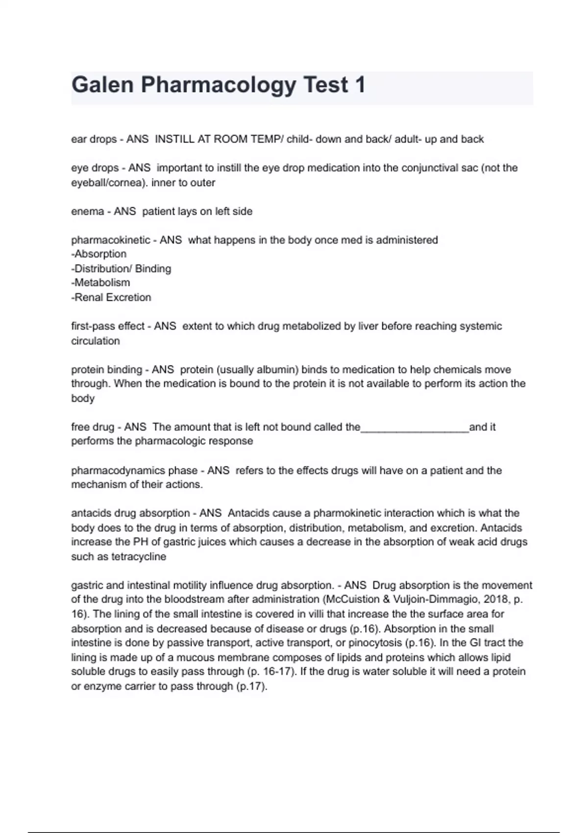 Galen Pharmacology Test 1 Exam 2024/2025 Questions With Completed ...