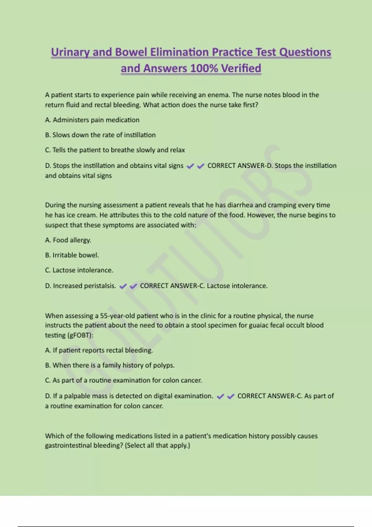 Urinary and Bowel Elimination Practice Test Questions and Answers 100% ...
