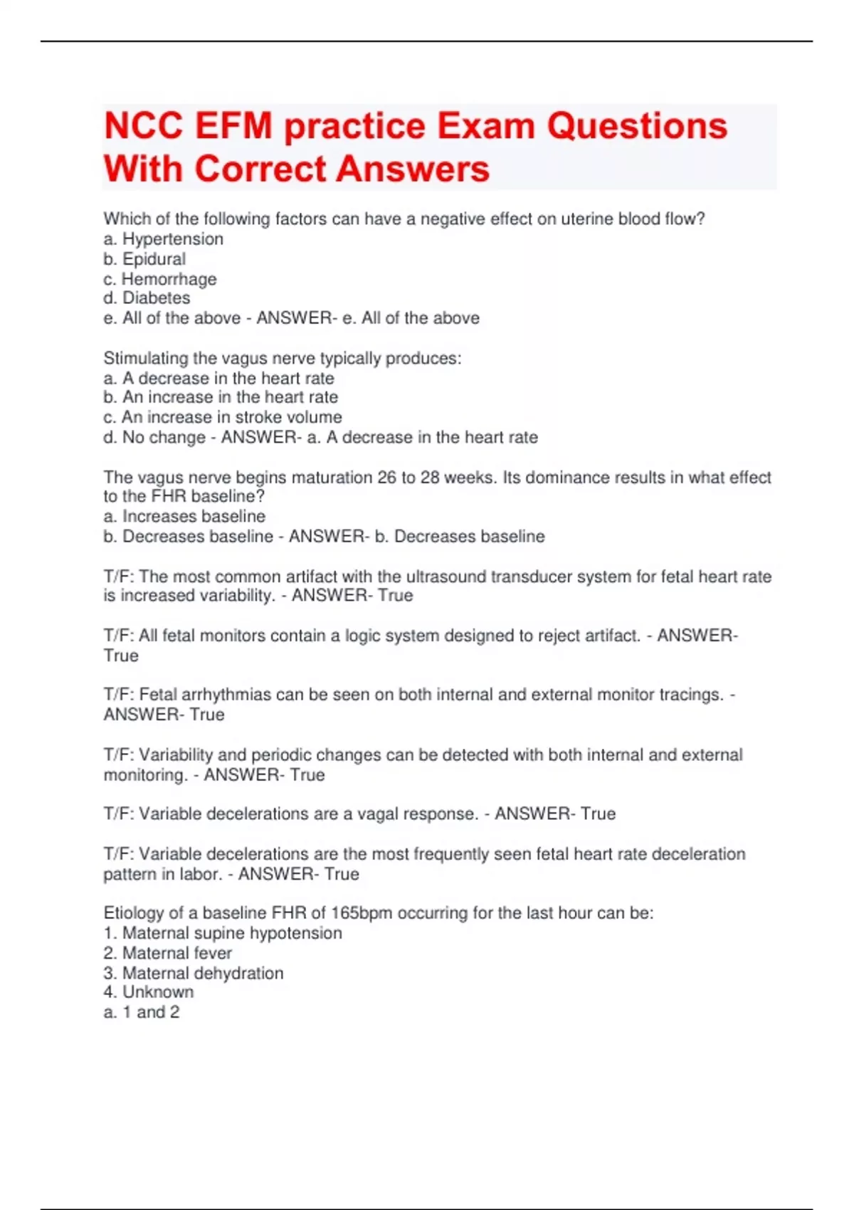NCC EFM practice Exam Questions With Correct Answers - NCC EFM - Stuvia US