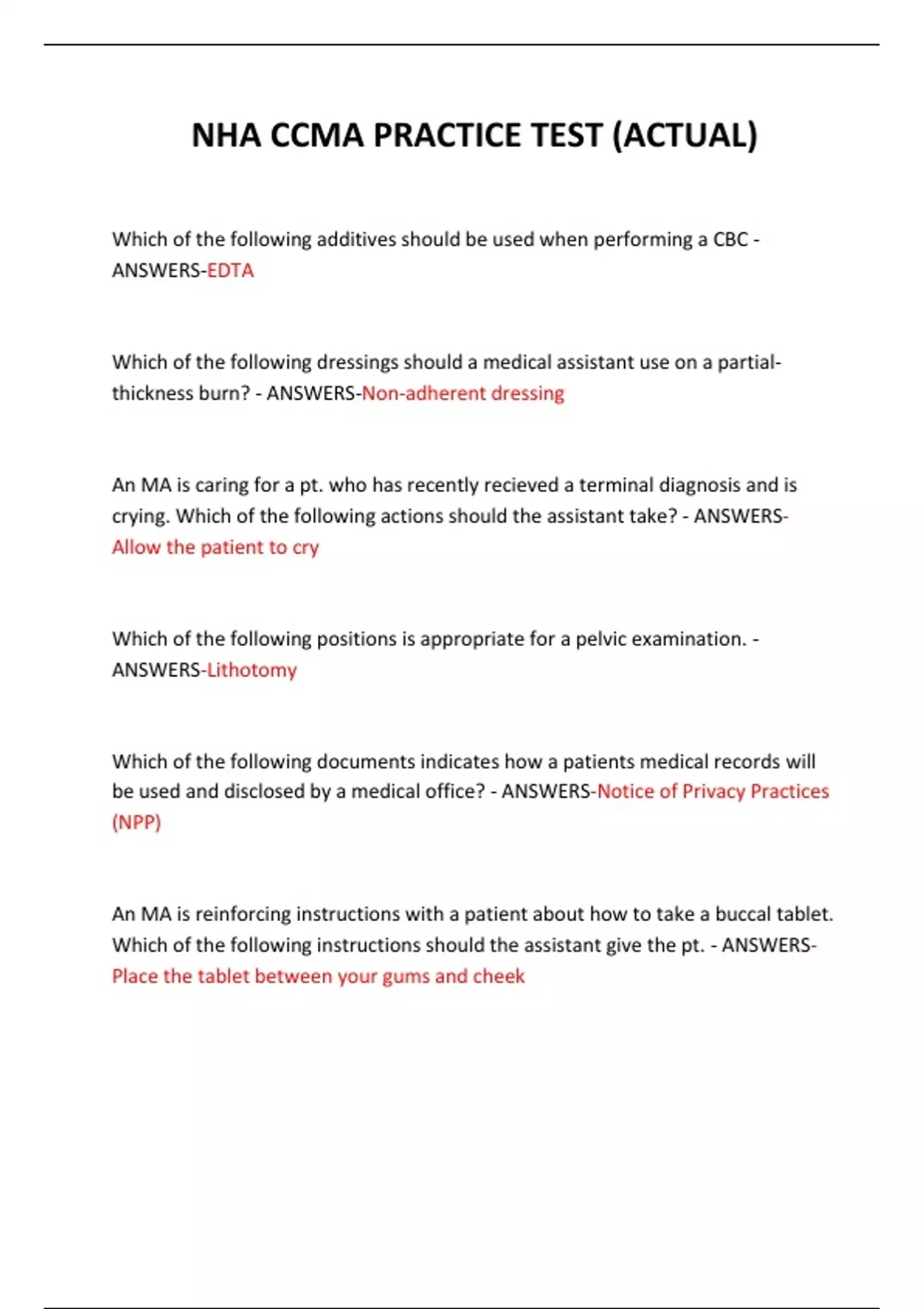 NHA CCMA PRACTICE TEST (ACTUAL) 2024 QUESTIONS AND ANSWERS - NHA CCMA ...