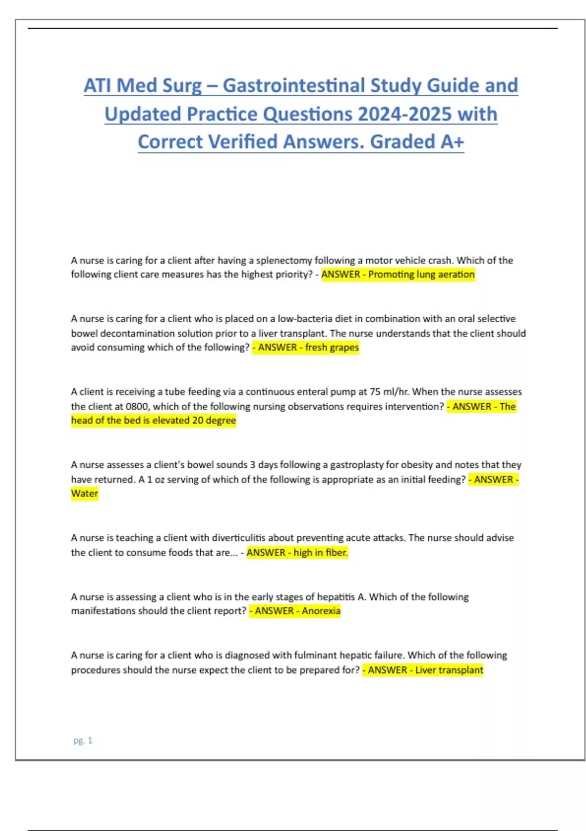 ATI Med Surg – Gastrointestinal Study Guide and Updated Practice ...