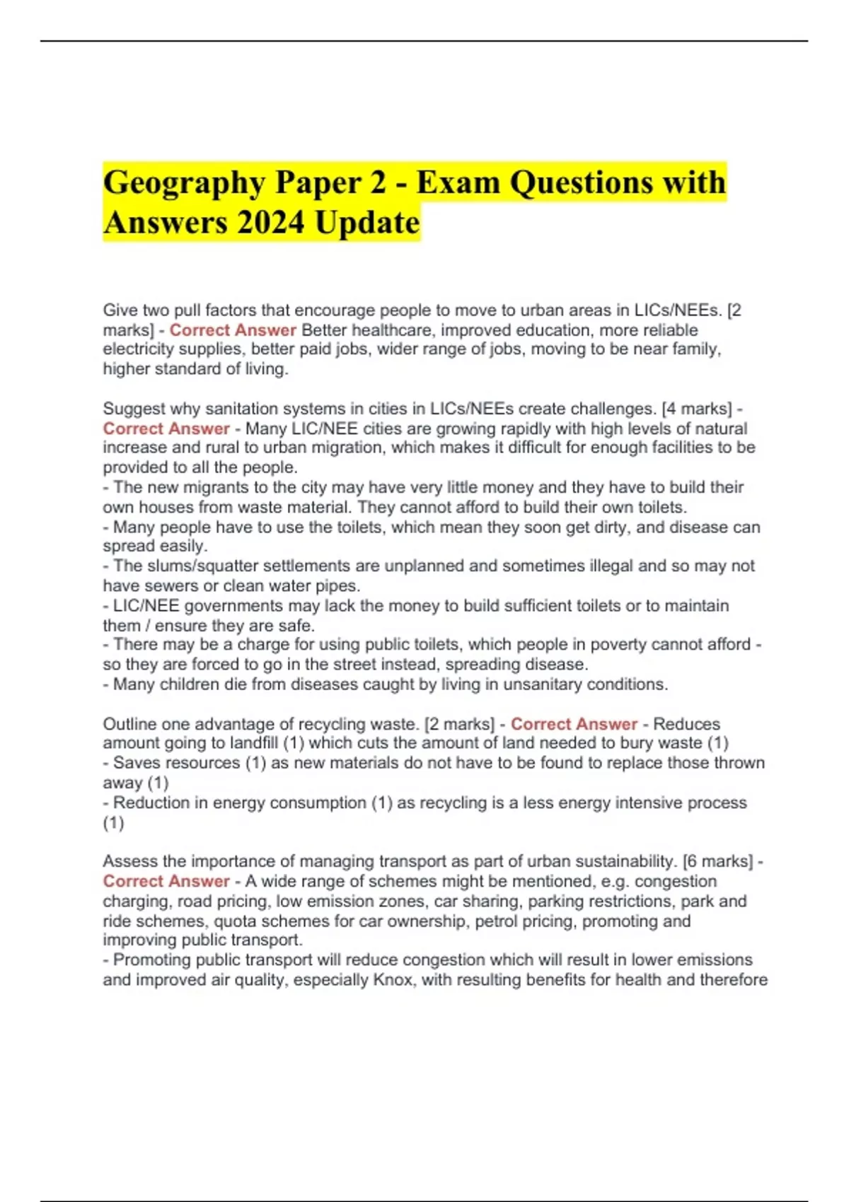 Geography Paper 2 - Exam Questions with Answers 2024 Update - Advance ...