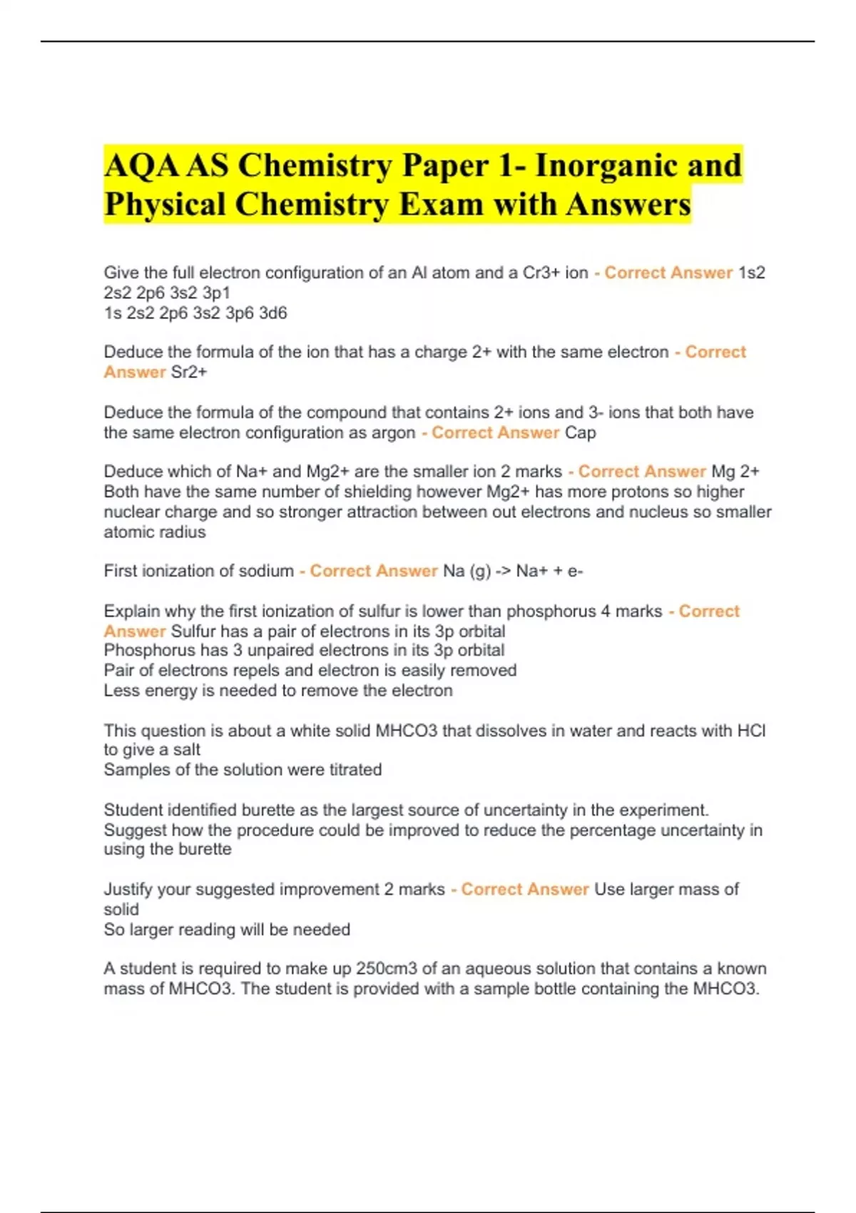 AQA AS Chemistry Paper 1- Inorganic and Physical Chemistry Exam with ...