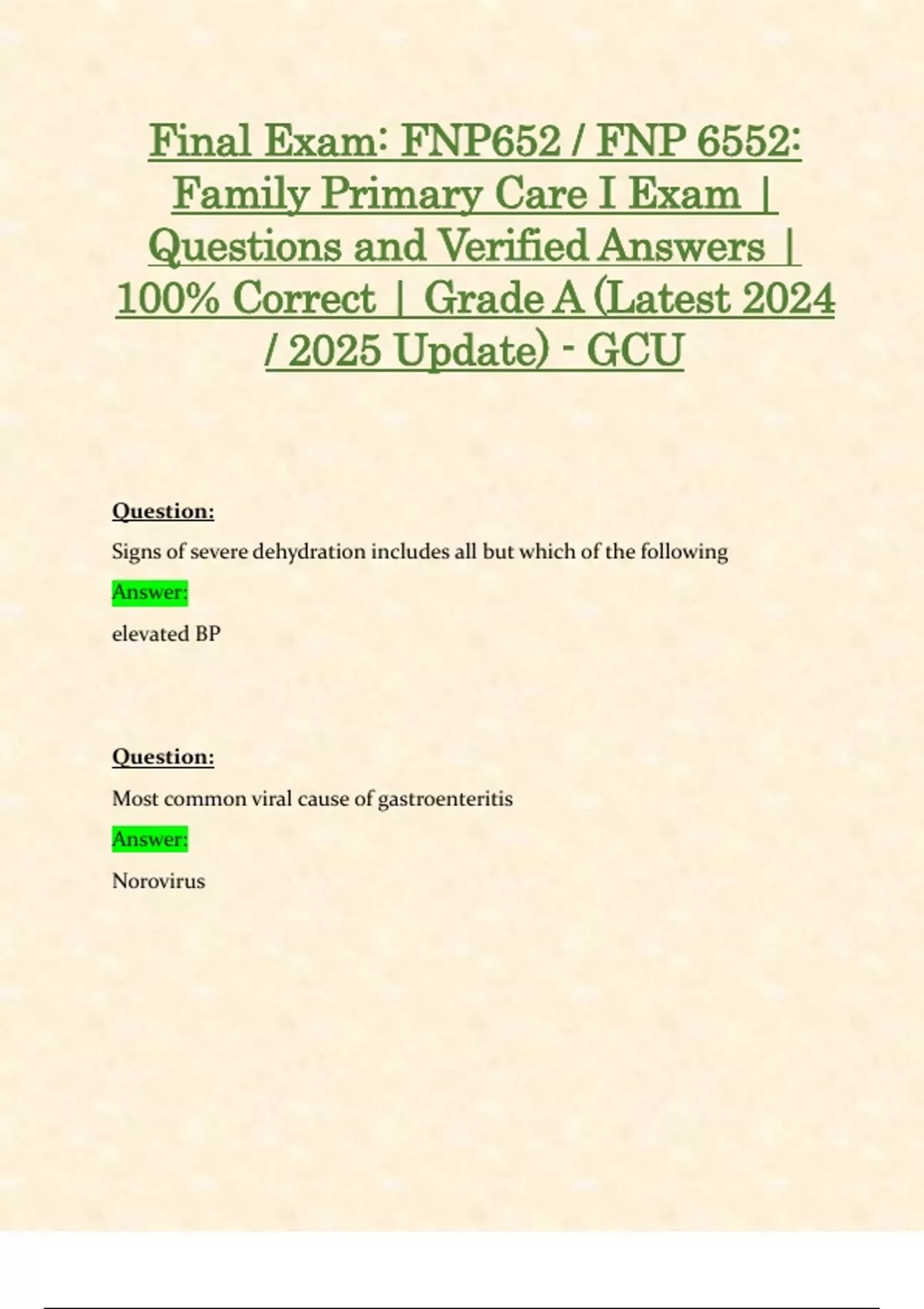 Final Exam: FNP652 / FNP 6552: Family Primary Care I Exam | Questions ...