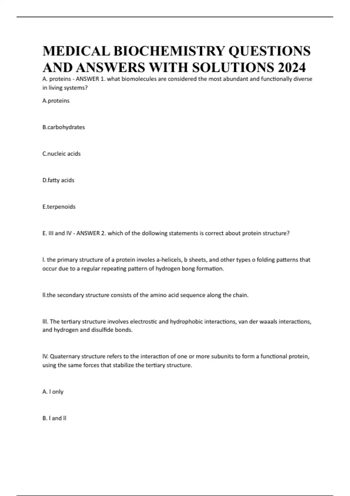 MEDICAL BIOCHEMISTRY QUESTIONS AND ANSWERS WITH SOLUTIONS 2024 ...