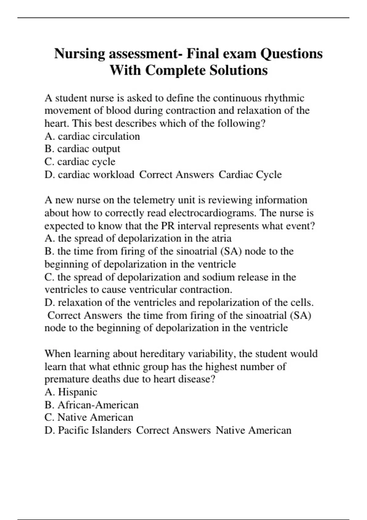 Nursing assessment- Final exam Questions With Complete Solutions ...