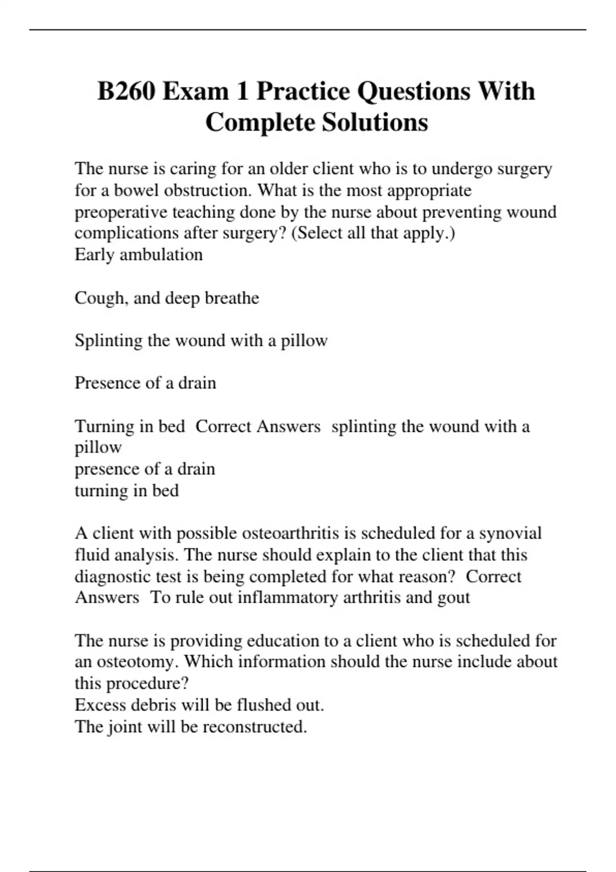 B260 Exam 1 Practice Questions With Complete Solutions - Nurs B260 - Stuvia US