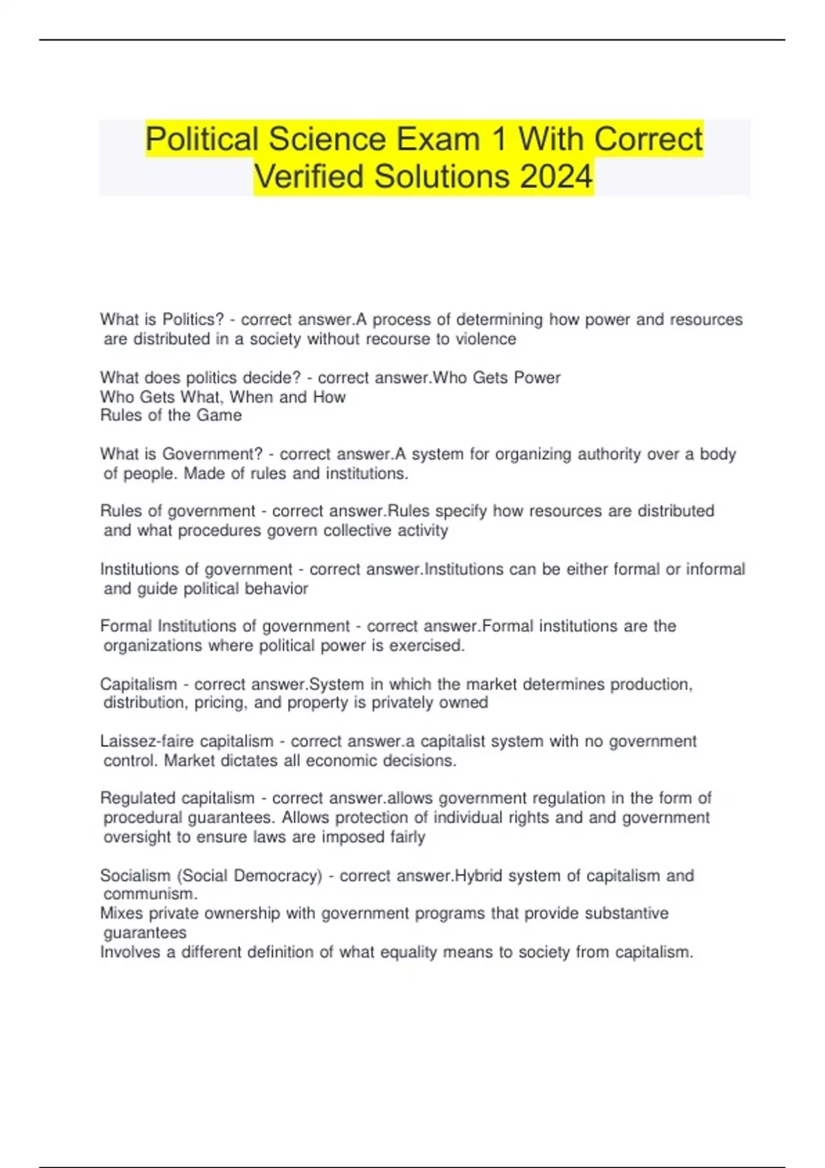 Political Science Exam 1 With Correct Verified Solutions 2024 ...