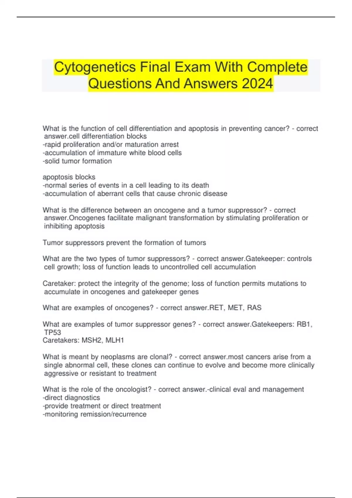 Cytogenetics Final Exam With Complete Questions And Answers 2024 ...