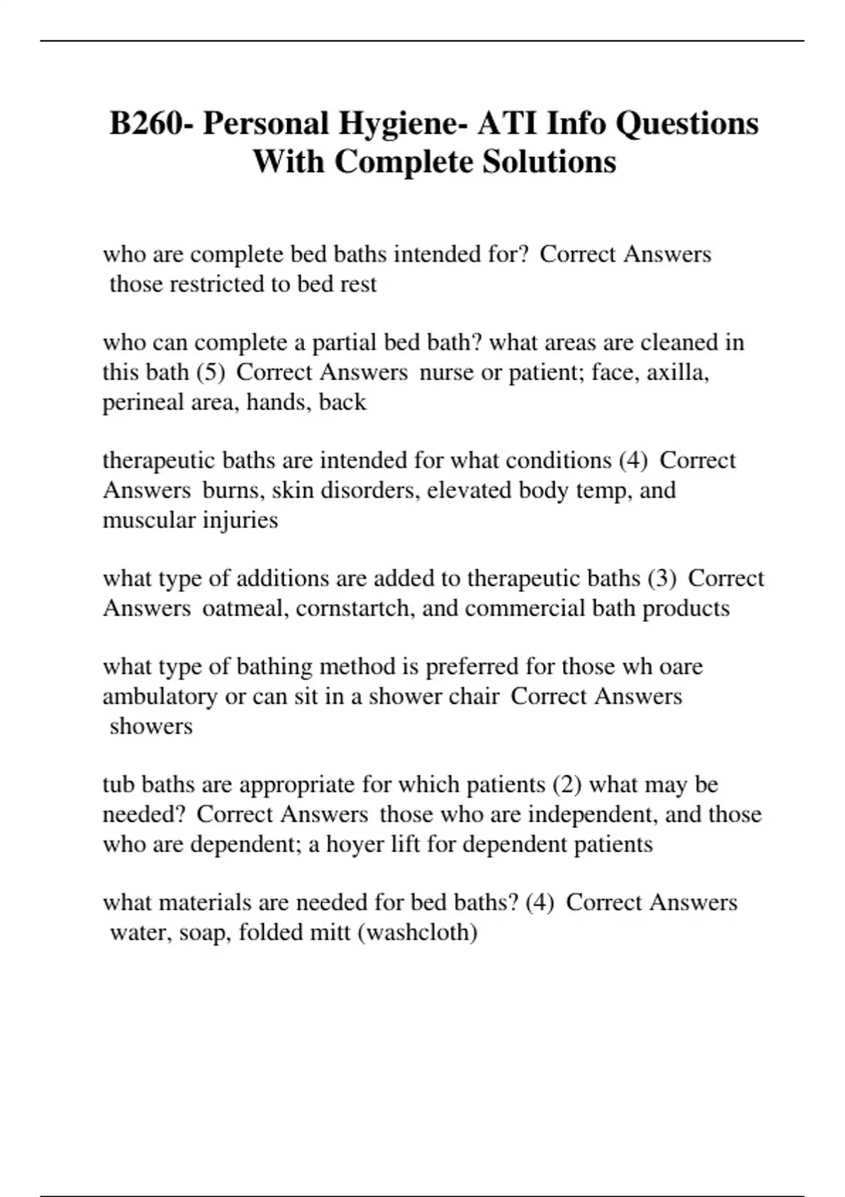 B260- Personal Hygiene- ATI Info Questions With Complete Solutions ...