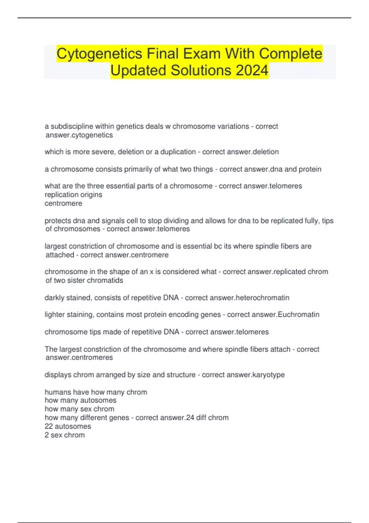 Cytogenetics Final Exam With Complete Updated Solutions 2024 ...