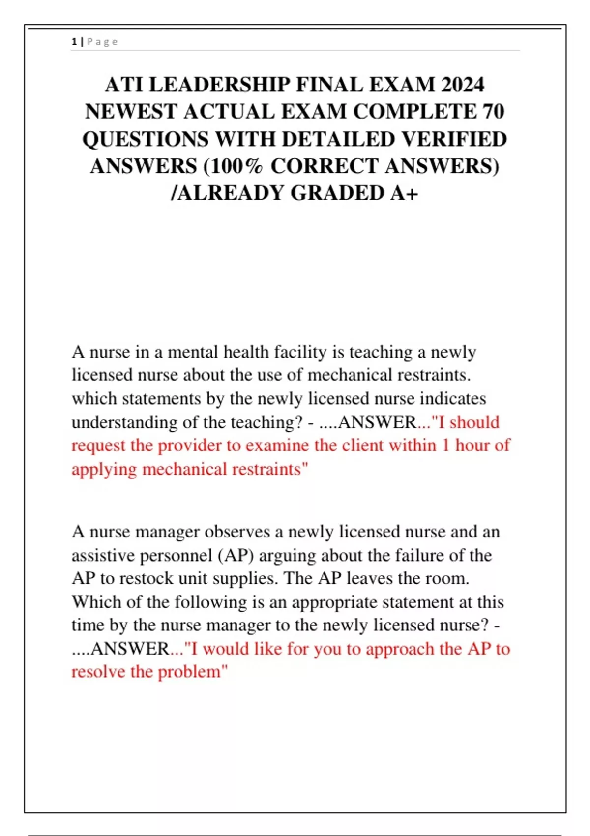 ATI LEADERSHIP FINAL EXAM 2024 NEWEST ACTUAL EXAM COMPLETE 70 QUESTIONS ...