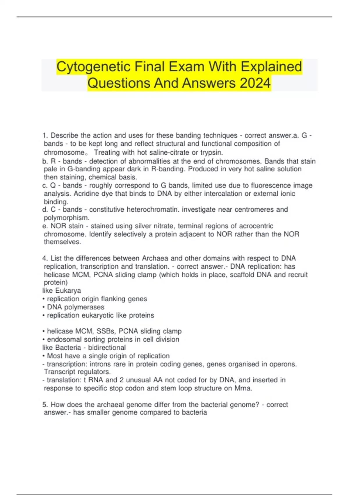 Cytogenetic Final Exam With Explained Questions And Answers 2024