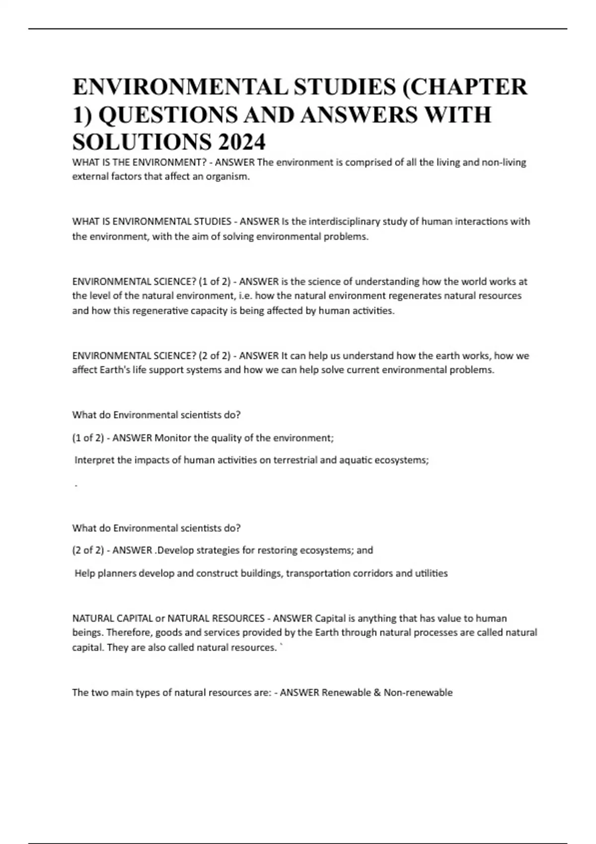 ENVIRONMENTAL STUDIES (CHAPTER 1) QUESTIONS AND ANSWERS WITH SOLUTIONS ...