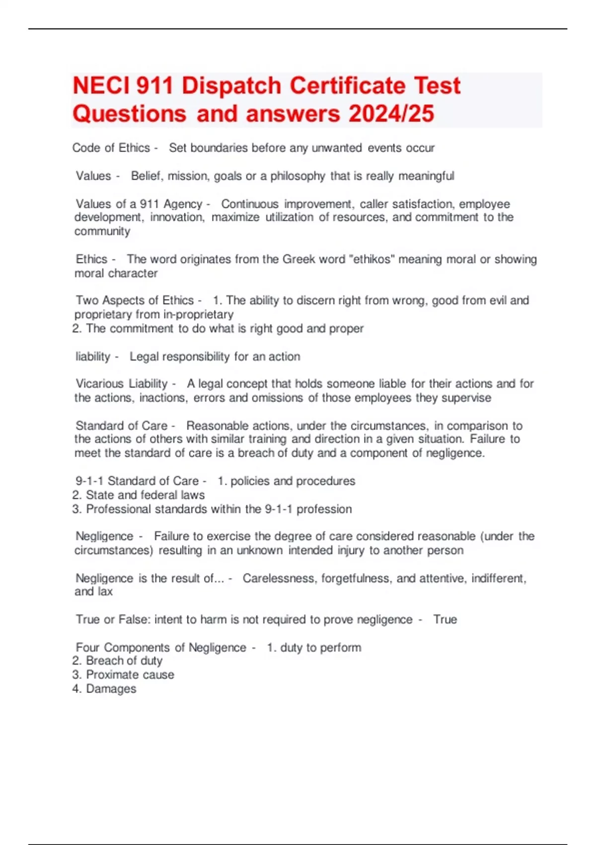 NECI 911 Dispatch Certificate Test Questions and answers 2024/25 - NECI ...