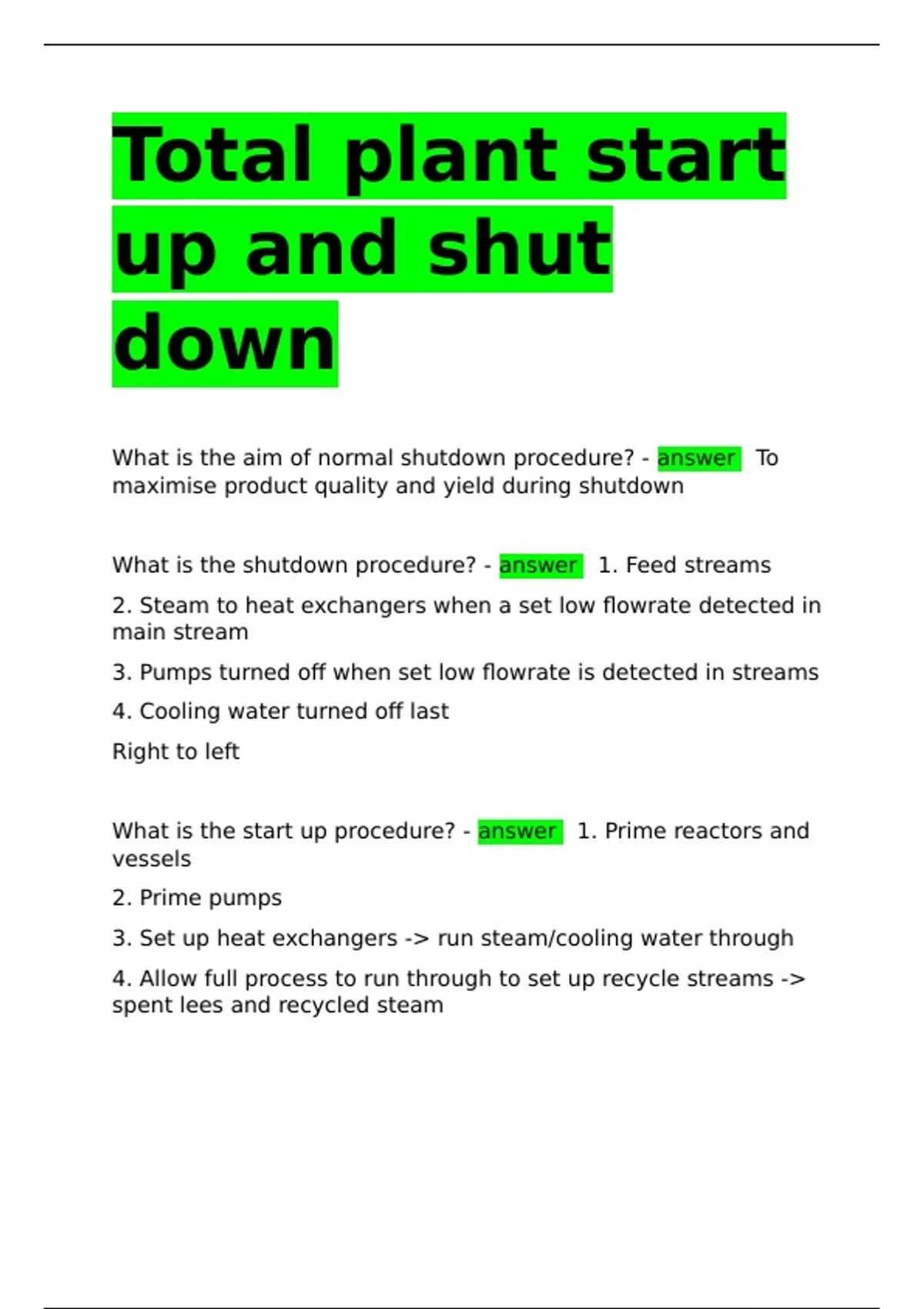 Total plant start up and shut down - Start Up and Shutdown - Stuvia US