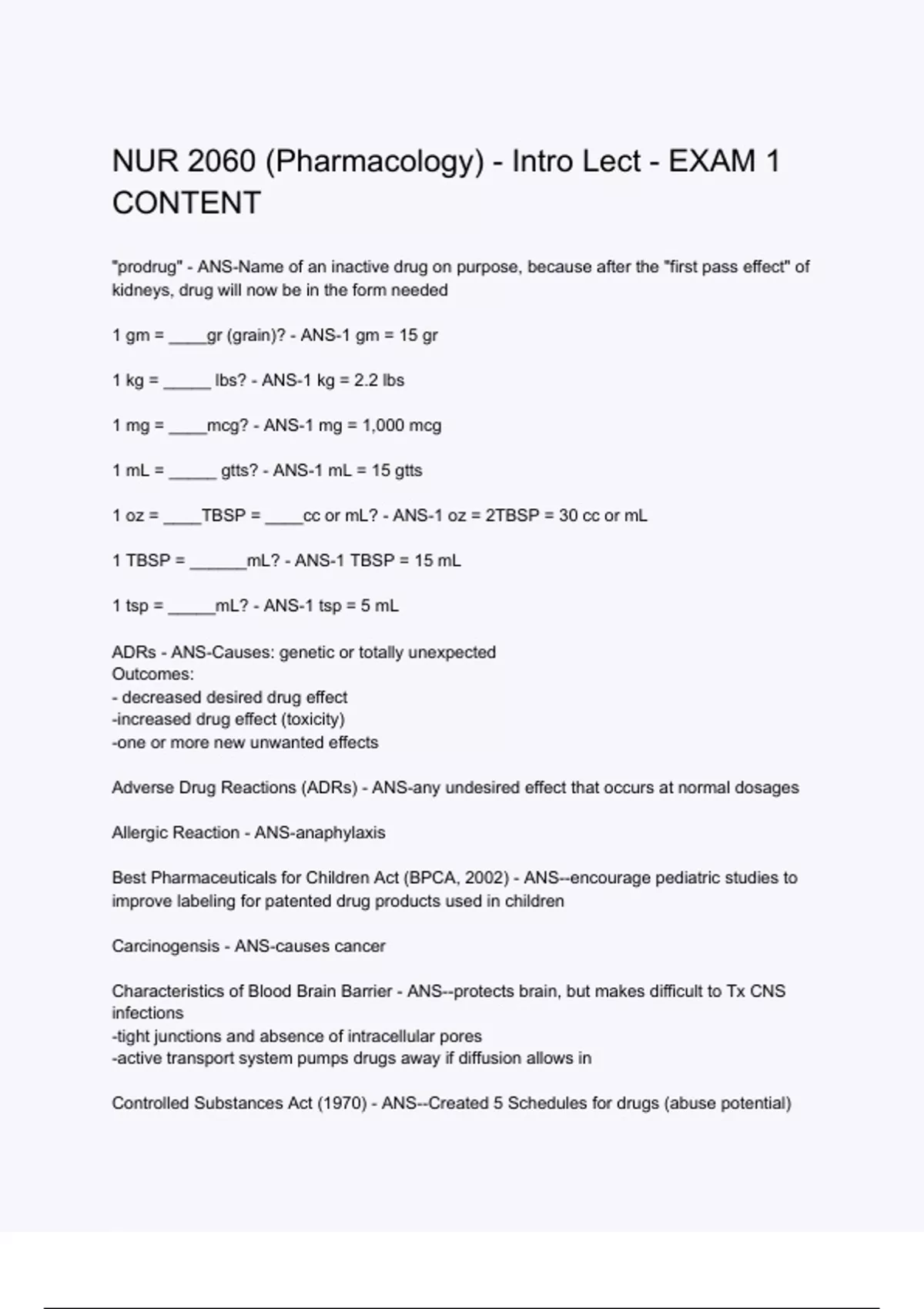 NUR 2060 (Pharmacology) - Intro Lect - EXAM 1 CONTENT Questions with correct Answers, 100% ...